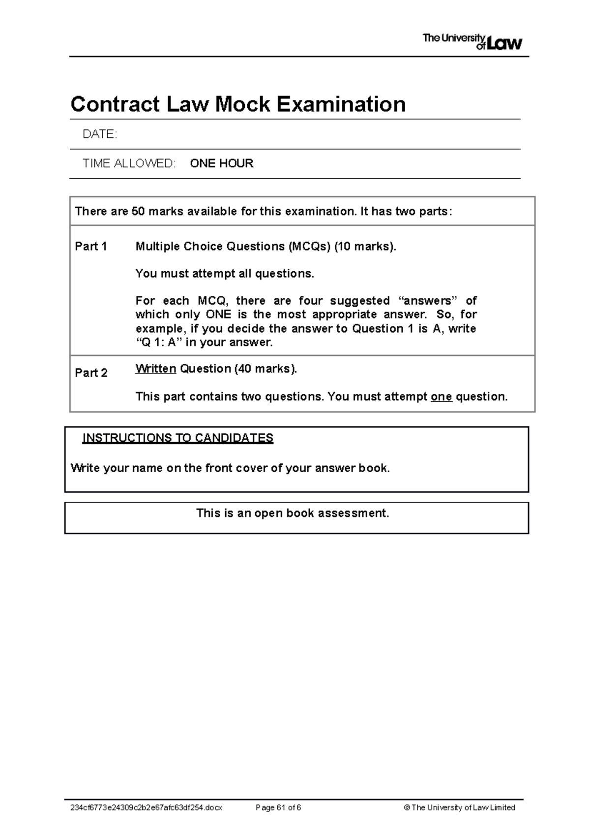 2223 cont ce02 mock exam - Contract Law Mock Examination DATE: TIME ...