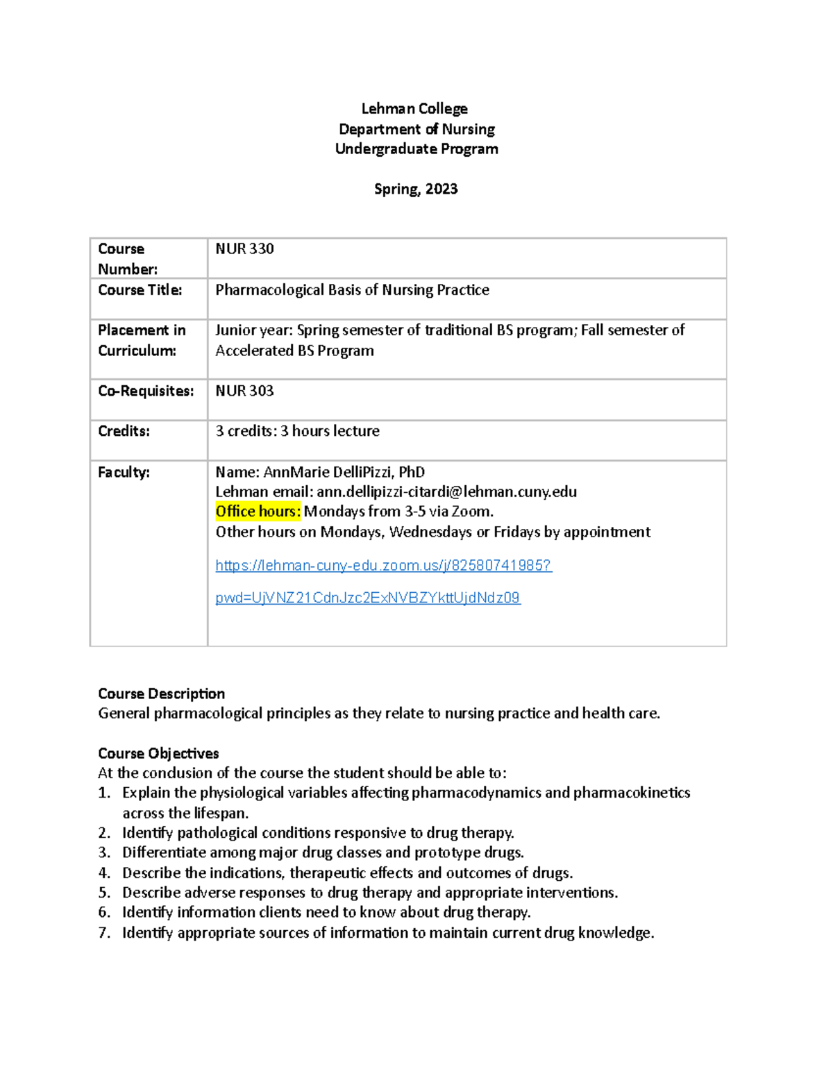 NUR 330 Syllabus Spring 2023 - Lehman College Department of Nursing ...
