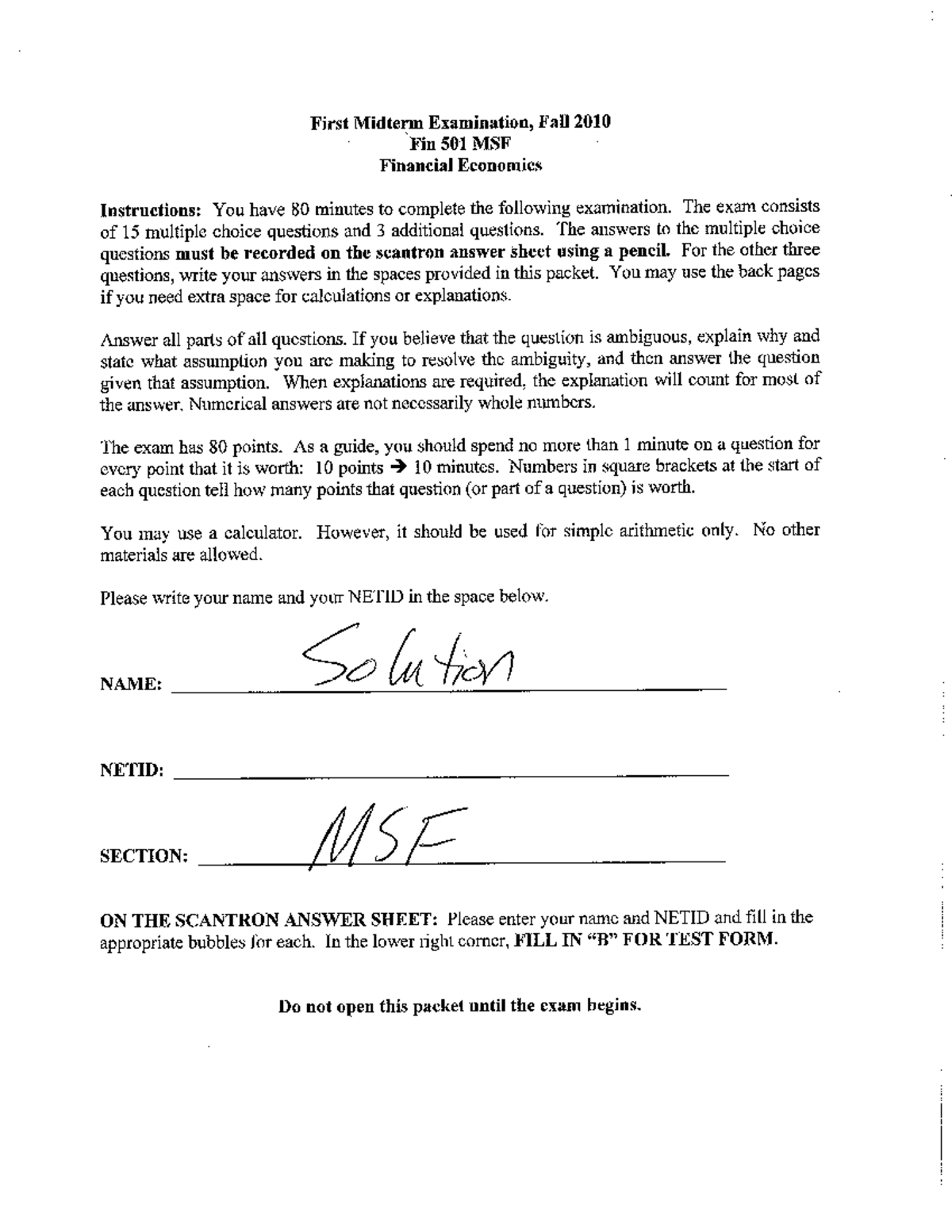 FIN 501 Midterm I - Fall 2010 Solution - FIN 501 - Studocu
