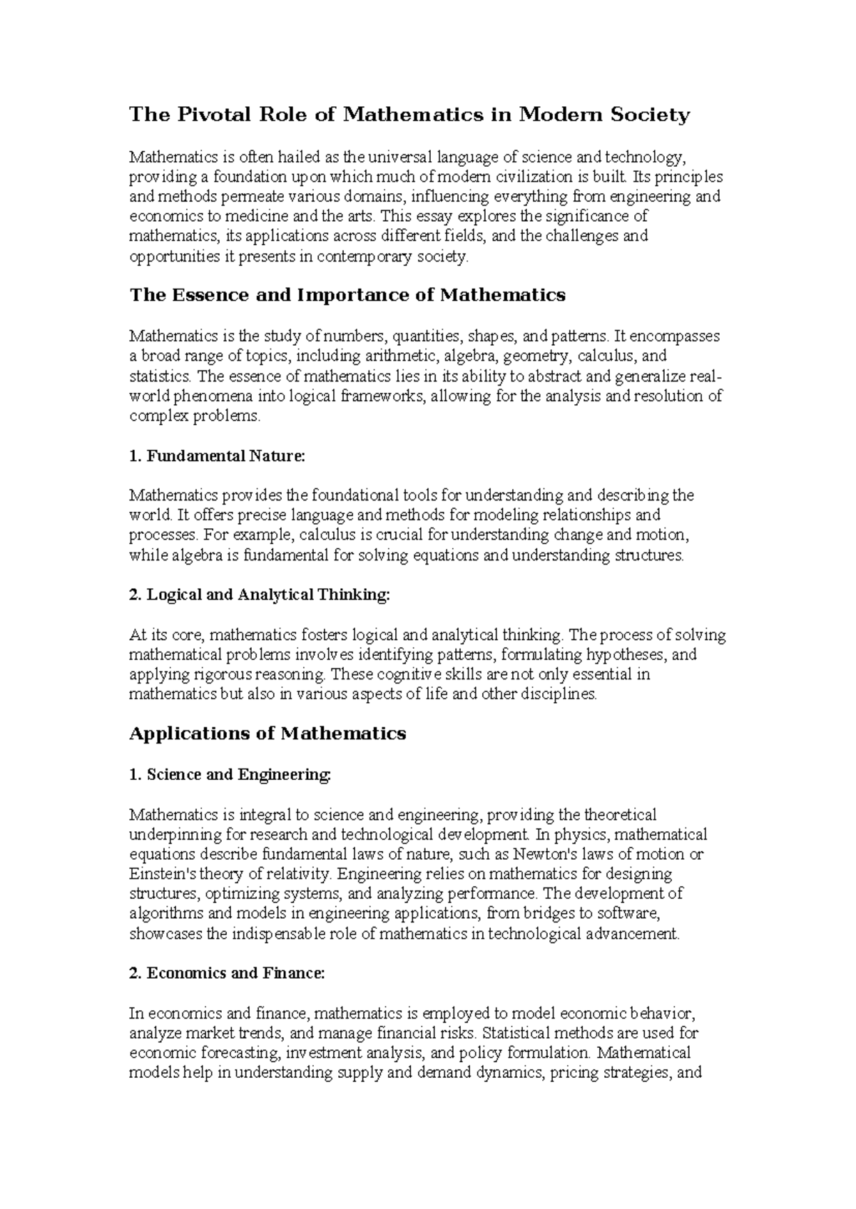 The Pivotal Role of Mathematics in Modern Society - The Pivotal Role of ...