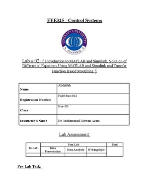 Lab 4 control - Modeling of DC Motor LAB SAFETY RULES Never work on a ...