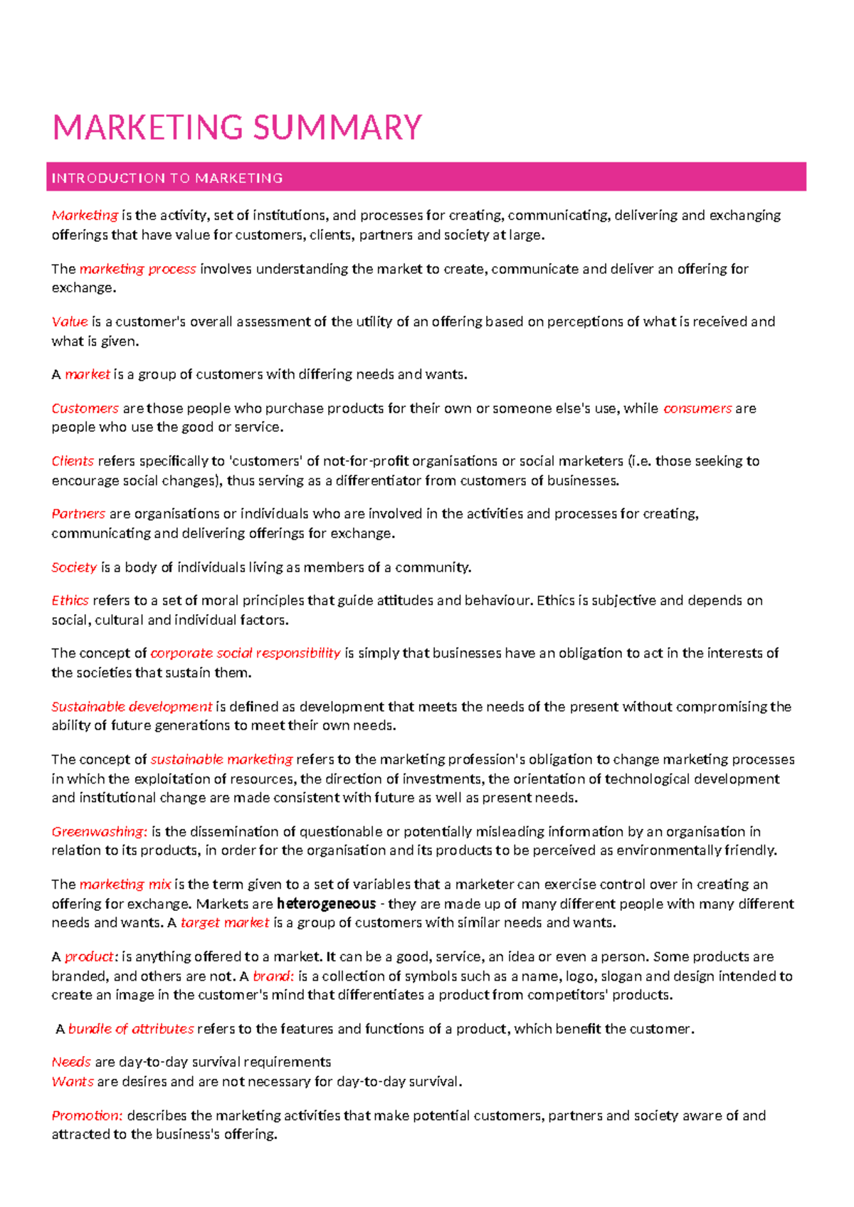 Marketing summary - MARKETING SUMMARY INTRODUCTION TO MARKETING ...