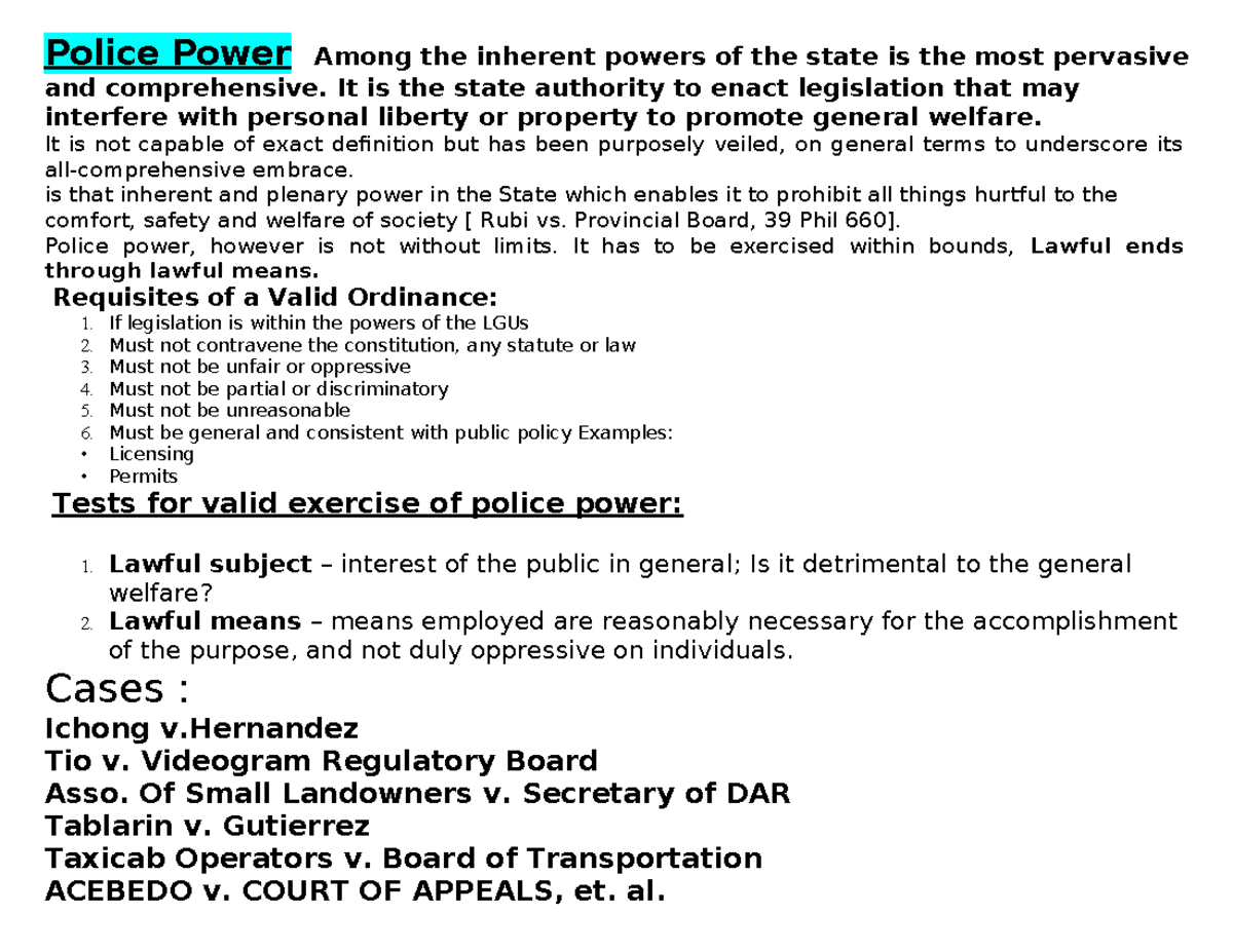 Midterm notes - law - Police Power Among the inherent powers of the ...