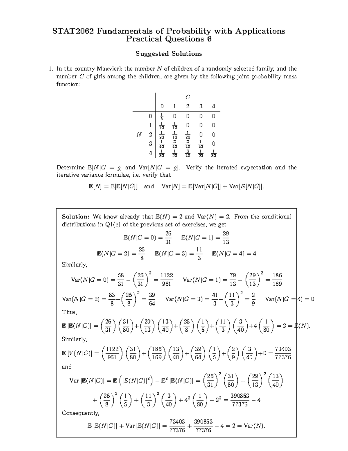 2022 Tutorial 6 Sol - STAT2062 Fundamentals of Probability with Applications Practical Questions ...