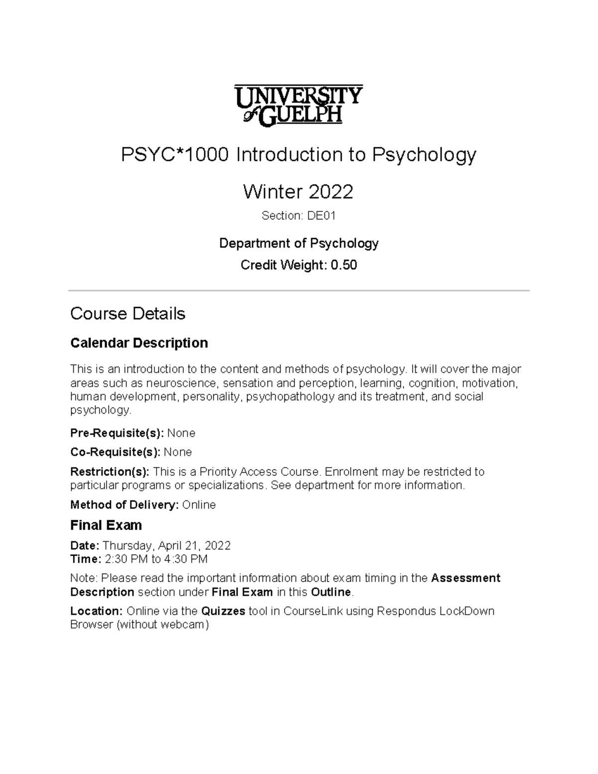 PYSC 1000 Outline - PSYC*1000 Introduction to Psychology Winter 2022 ...