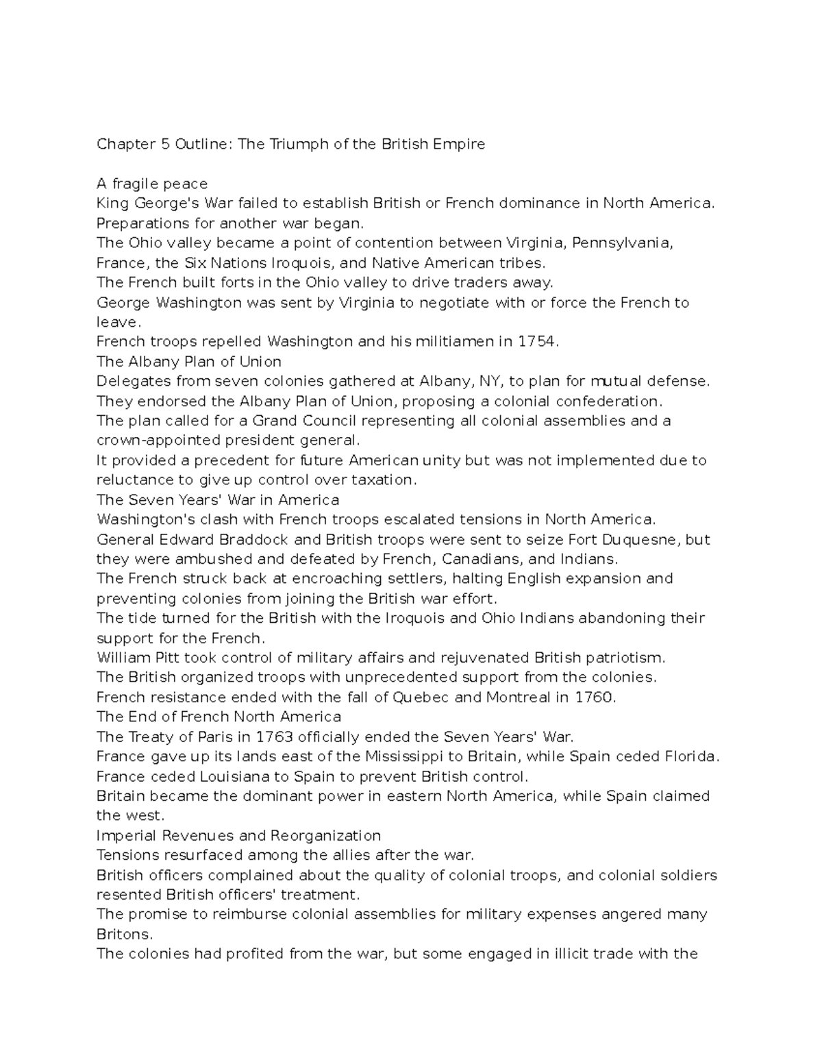 Chapter 5 Outline - n/a - Chapter 5 Outline: The Triumph of the British ...