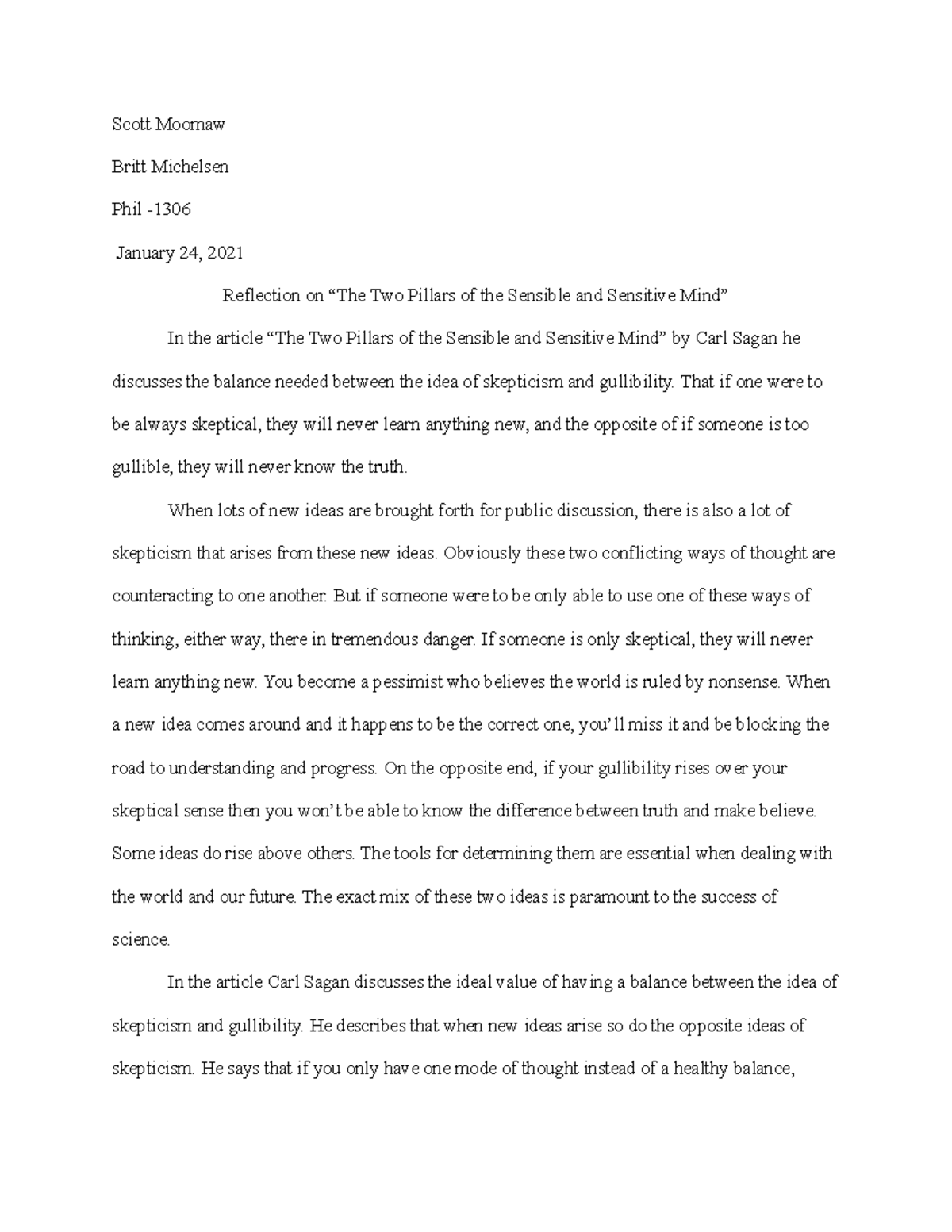 Scott Moomaw Short Essay - Scott Moomaw Britt Michelsen Phil - January ...