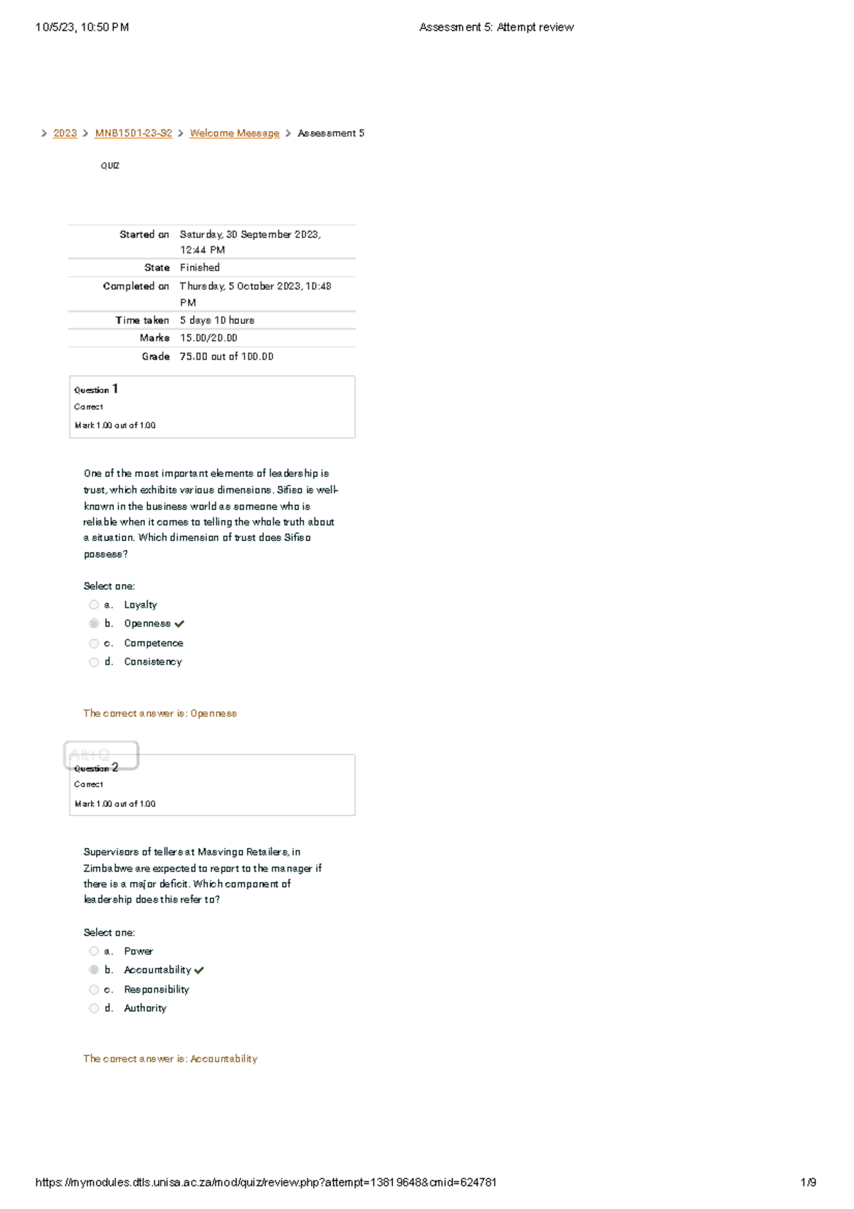 Assessment 5 Attempt review - 2023 MNB1501-23-S2 Welcome Message ...