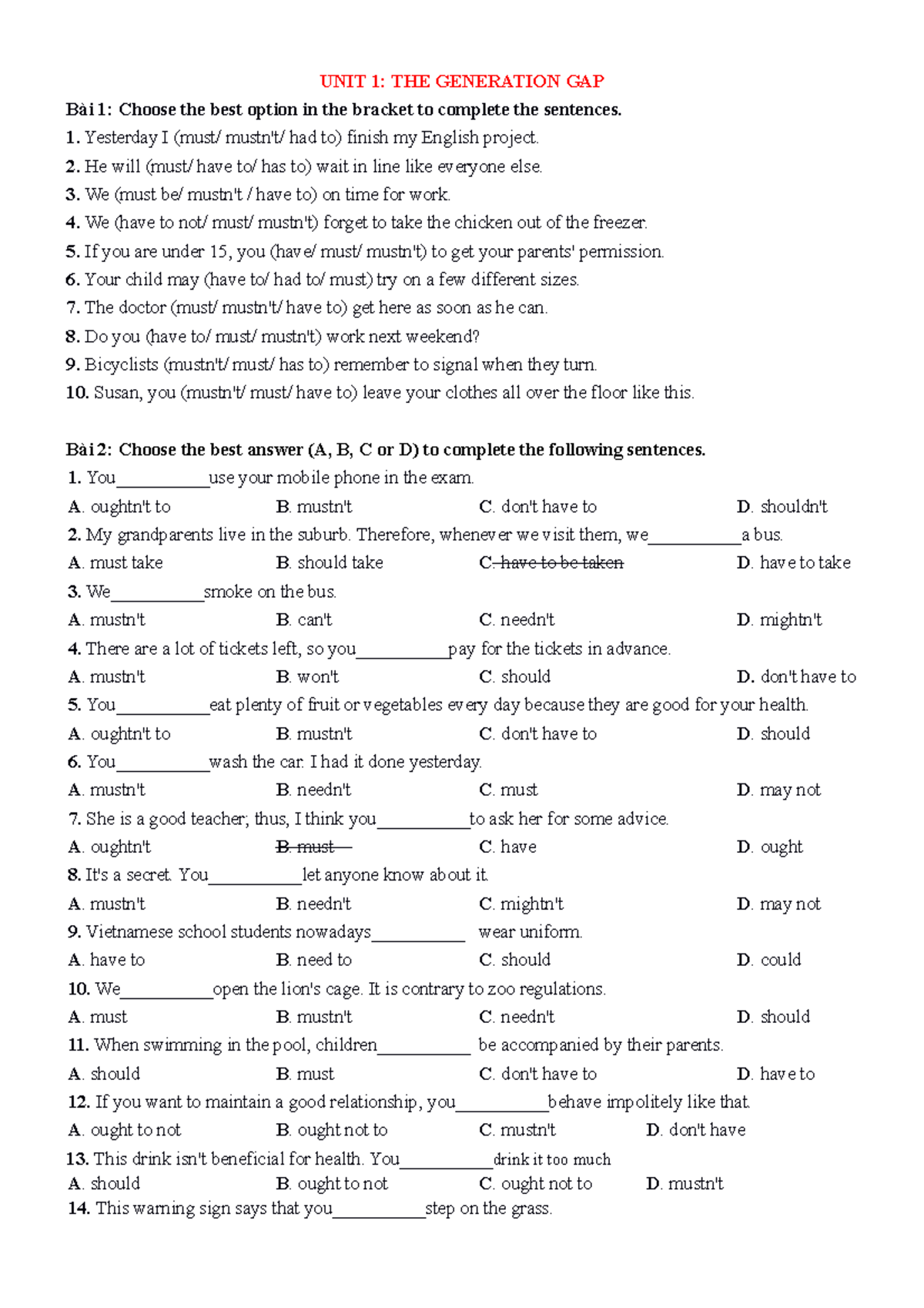 Unit 1 : Generation gap - UNIT 1: THE GENERATION GAP Bài 1: Choose the best option in the ...