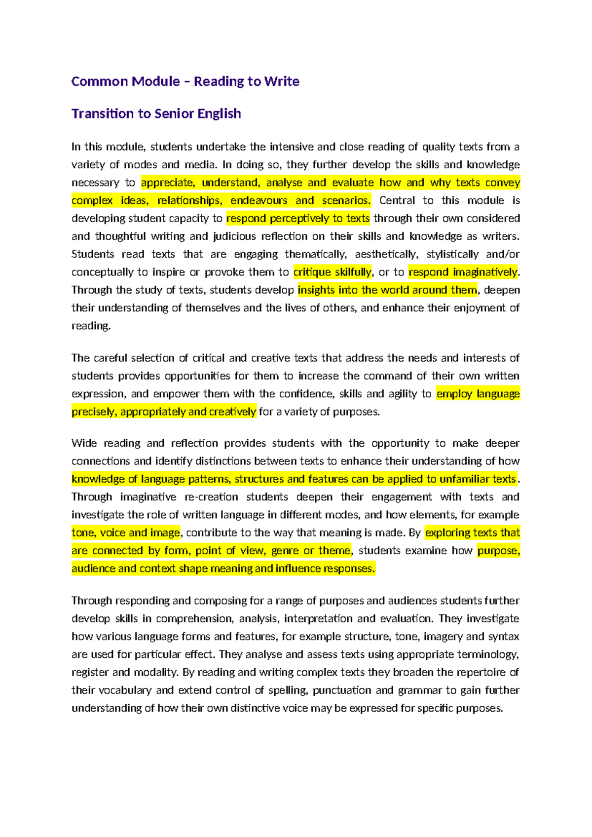 Rubric - Reading to Write - Common Module – Reading to Write Transition ...