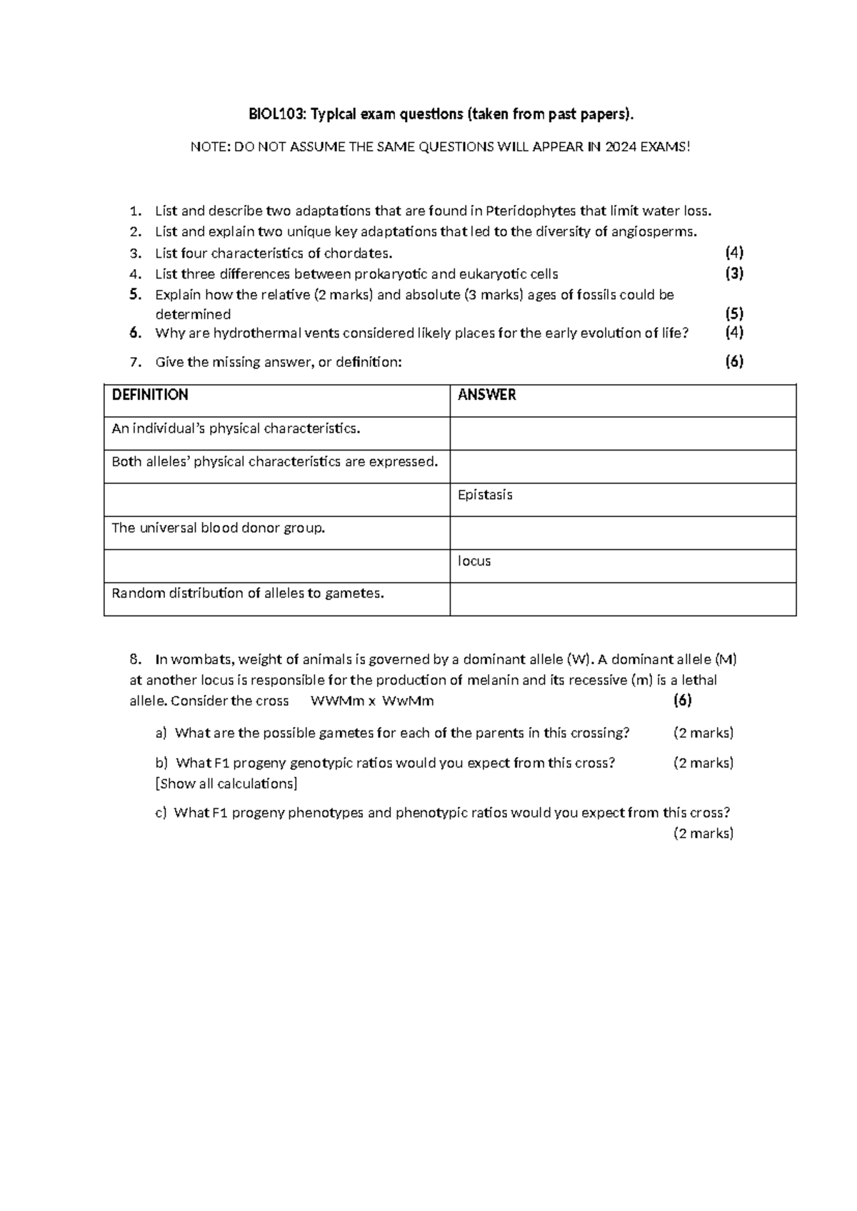 Past exam questions - practice - BIOL103: Typical exam questions (taken ...