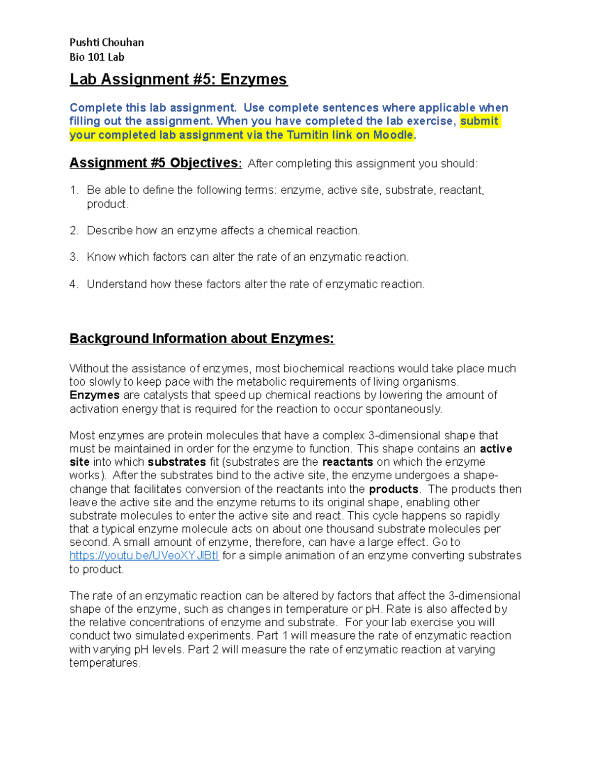 Lab Assignment #5 - Enzymes-2 - Pushti Chouhan Bio 101 Lab Lab ...