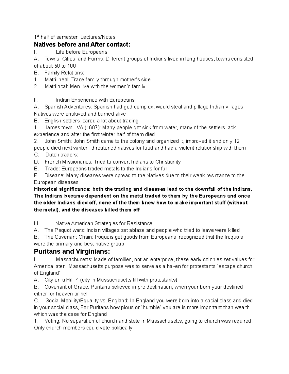 American History Final Study Guide - 1 st half of semester: Lectures ...