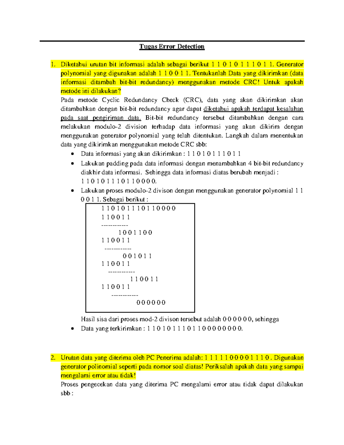 Error Detection Komunikasi Data Tugas Error Detection Diketahui Urutan Bit Informasi Adalah