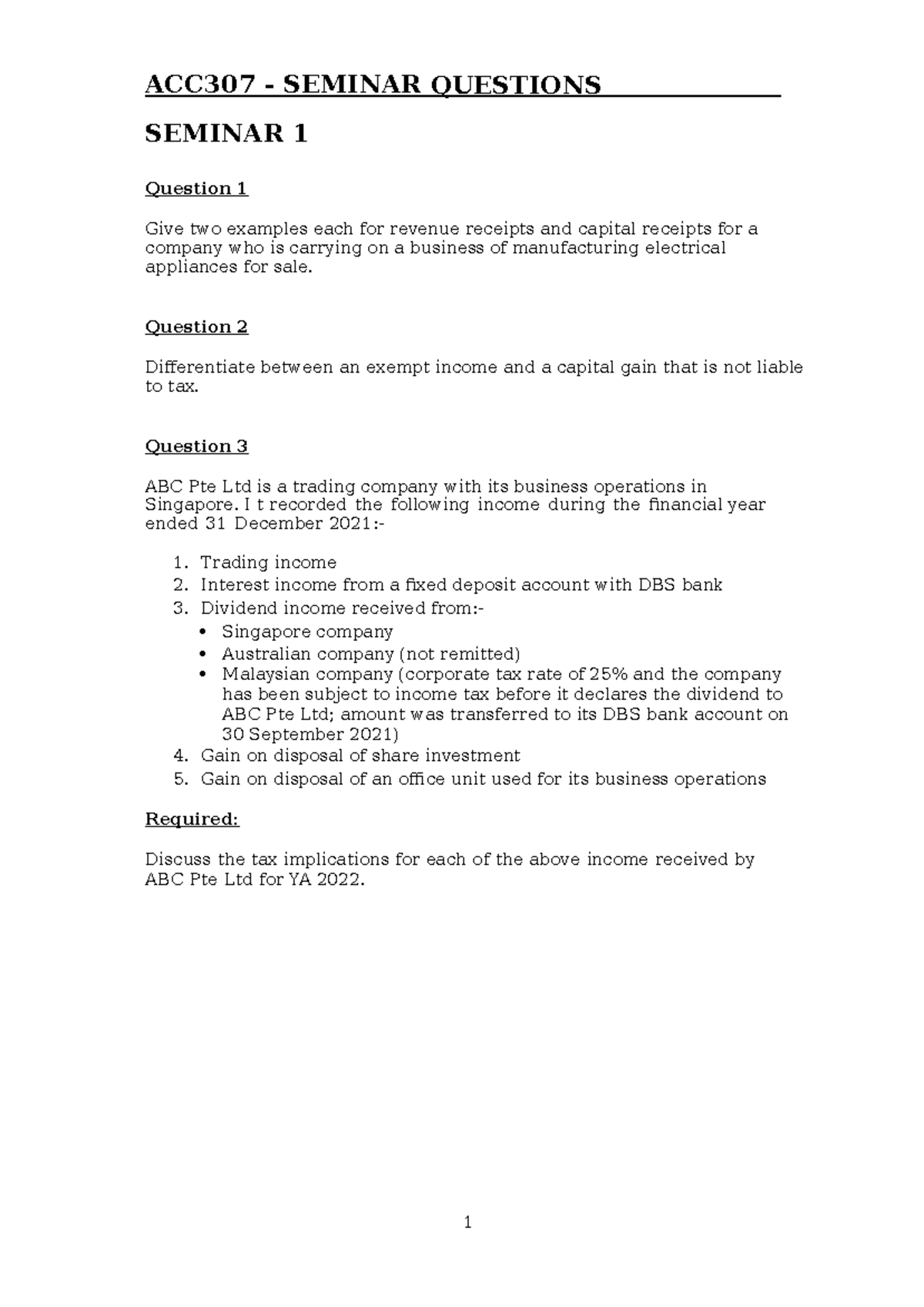 ACC307 Seminar Questions (Jan 2023) - 1 ACC307 - SEMINAR QUESTIONS ...