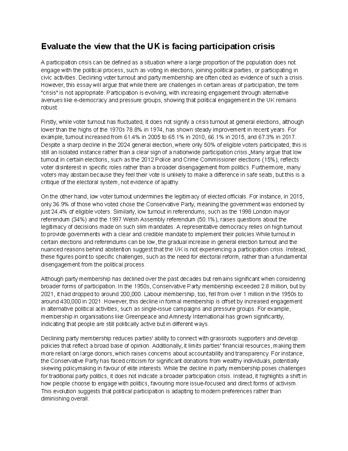 Democratic Paticipation-3 - Evaluate the view that the UK is facing participation crisis A - Studocu