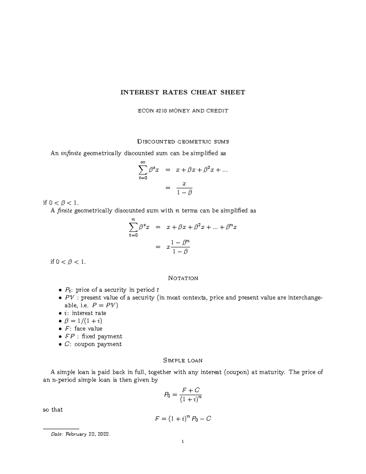 Interest rates cheat sheet - INTEREST RATES CHEAT SHEET ECON 4210 MONEY ...