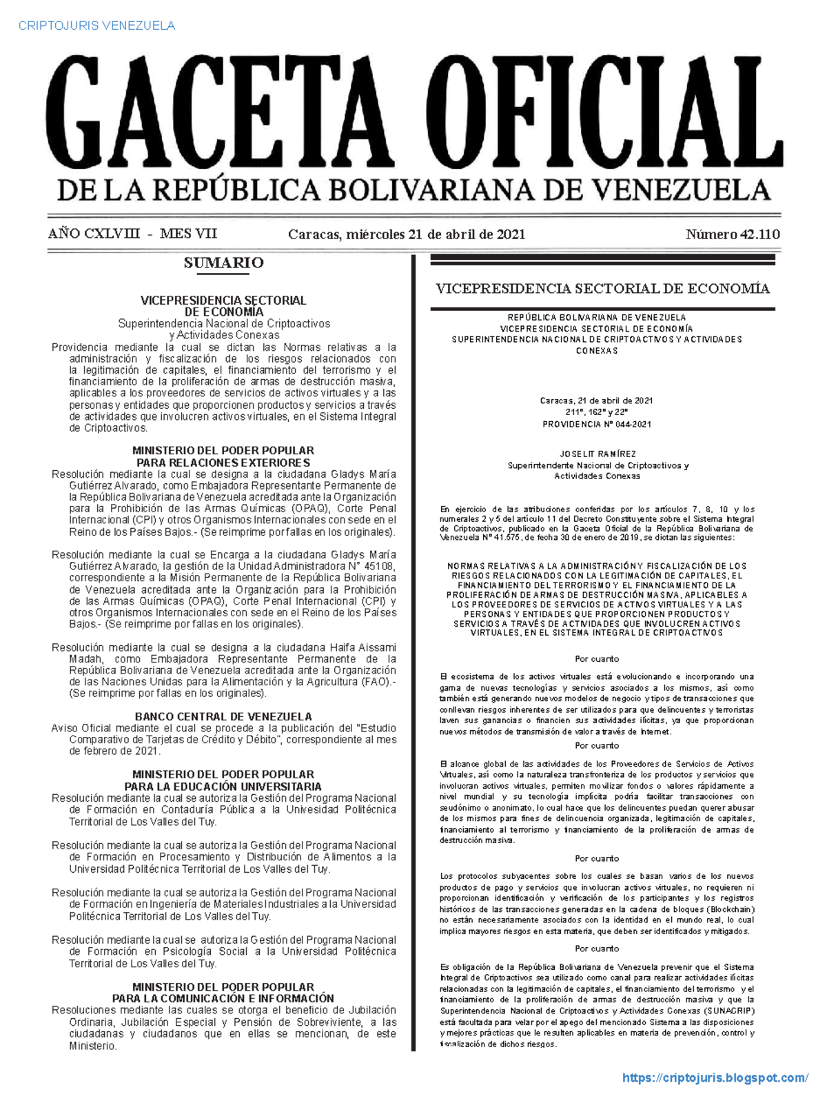 Providencia 044 2021 Sunacrip Contra LA Legitimacion Capitales 2 - AÑO CXLVIII - MES VII Caracas ...