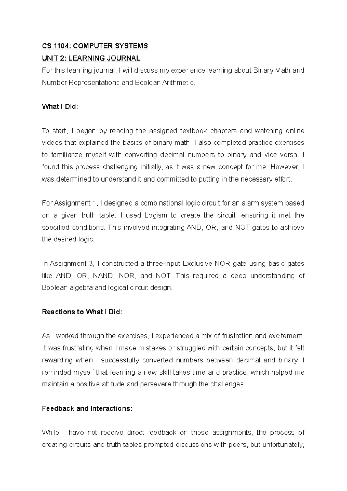 Learning Journal 2 - CS 1104: COMPUTER SYSTEMS UNIT 2: LEARNING JOURNAL For this learning ...