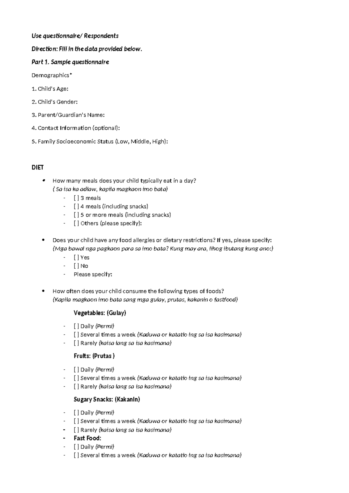 Questionnaire - SAMPLE QUESTIONS - Use questionnaire/ Respondents ...