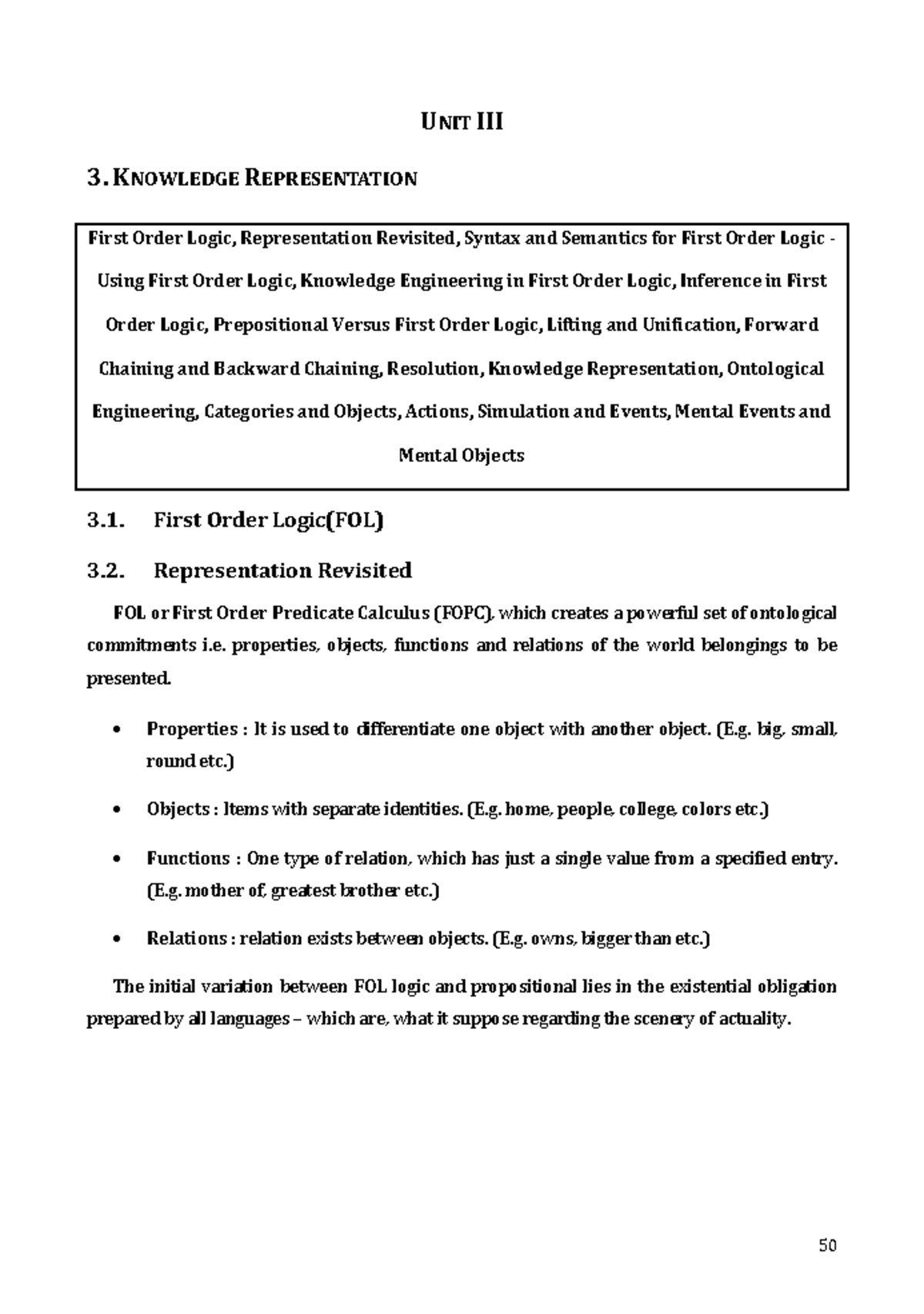 Unit3 ai - unit 3 - UNIT III 3. KNOWLEDGE REPRESENTATION First Order Logic, Representation - Studocu