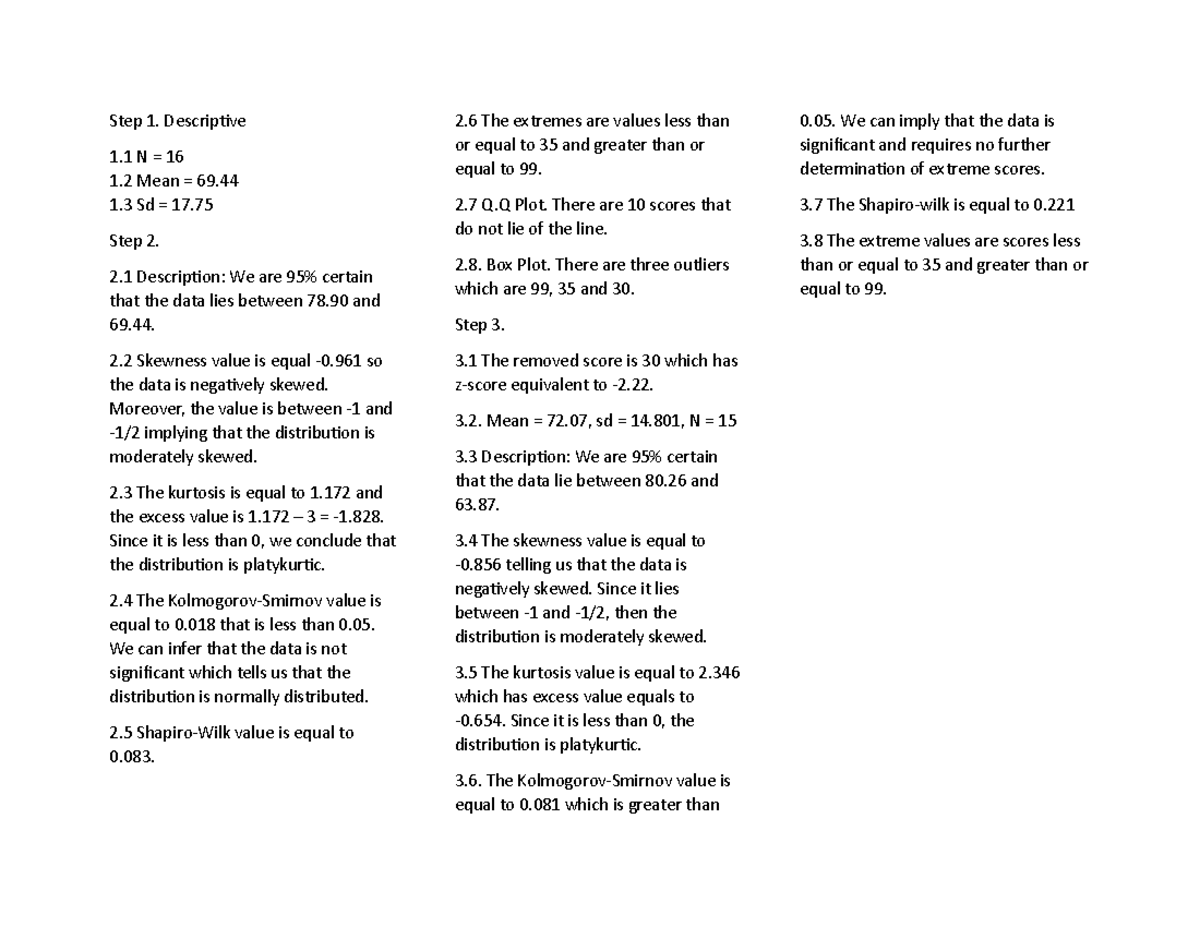 Statistical Analysis - Step 1. Descriptive 1 N = 16 1 Mean = 69. 1 Sd ...