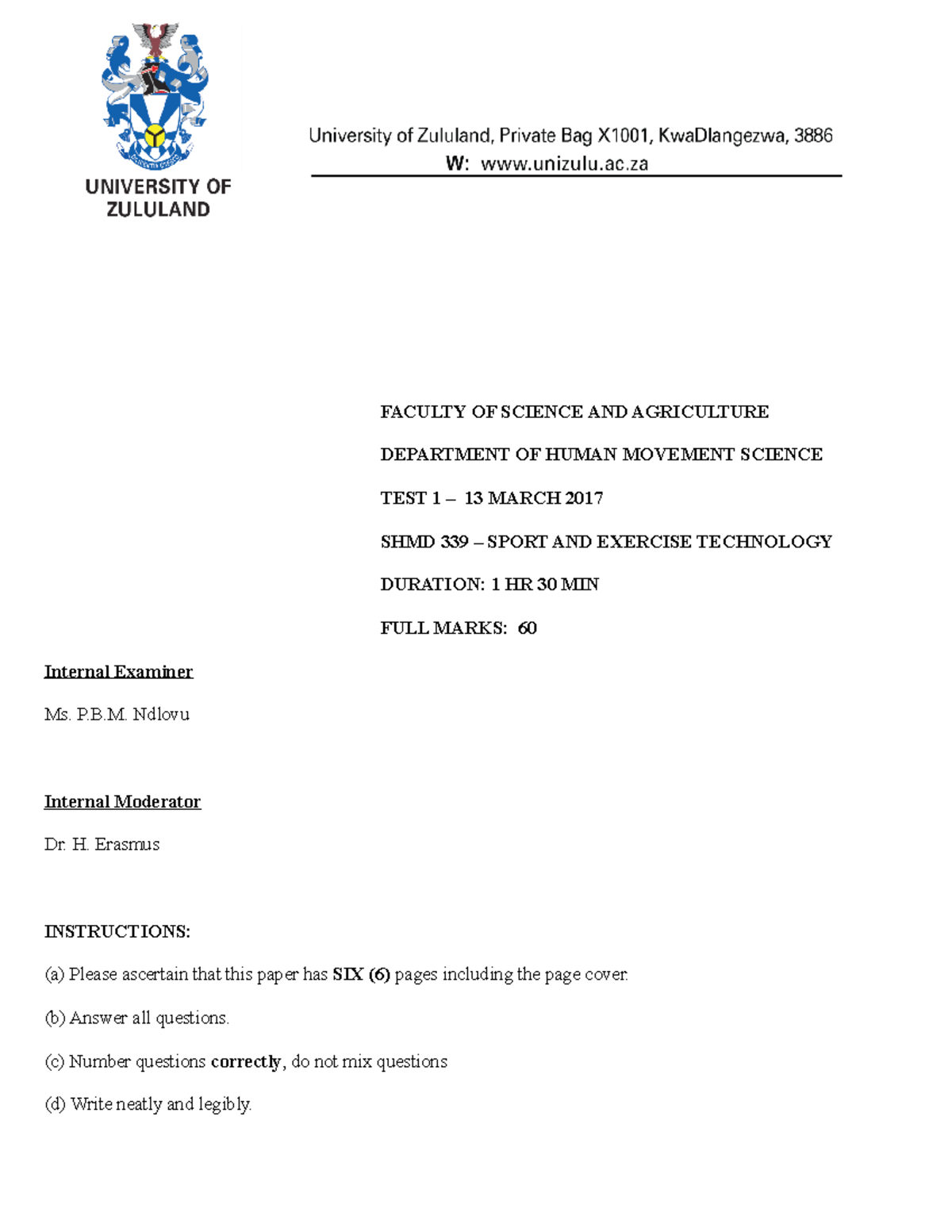 Shmd 339 Final Test 1 Memo - FACULTY OF SCIENCE AND AGRICULTURE ...