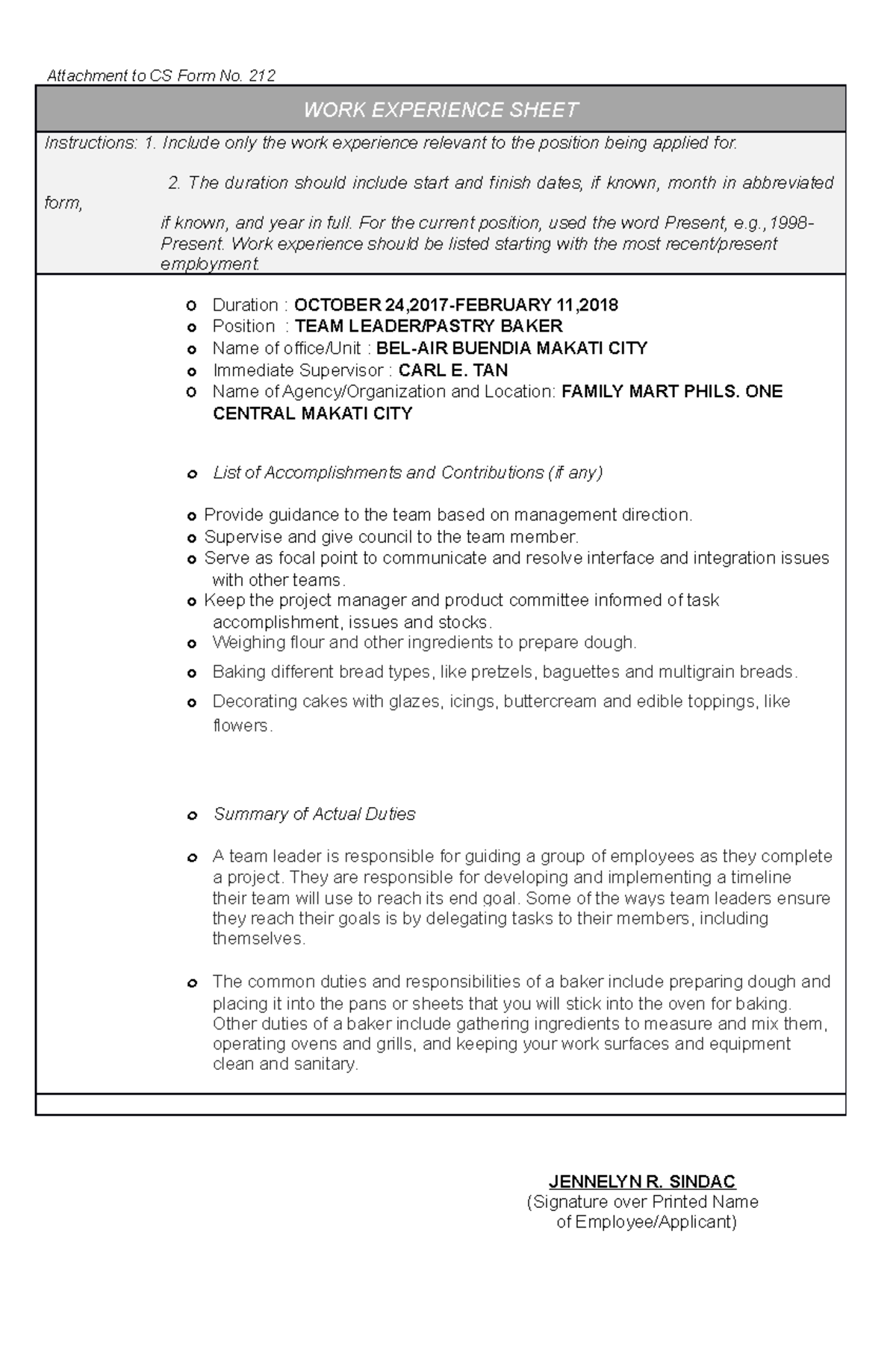 Work-experienced Luchell - Attachment to CS Form No. 212 WORK ...