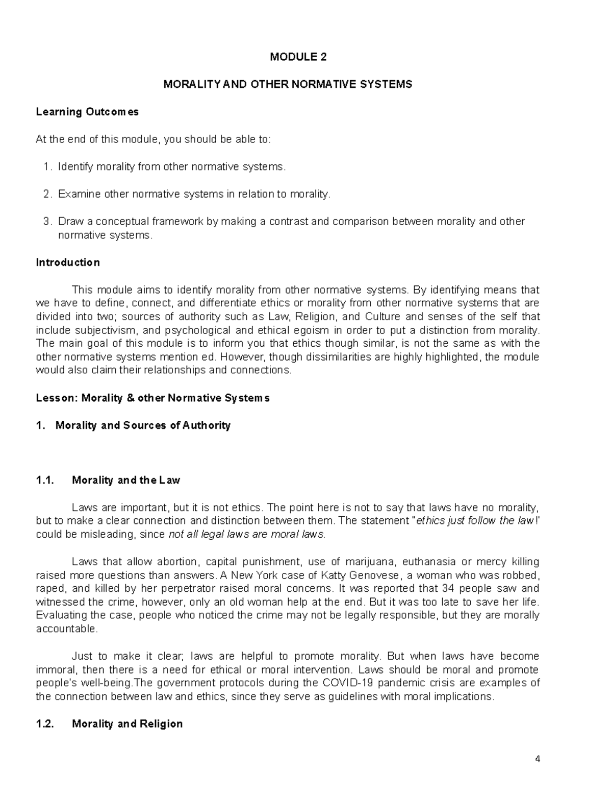 Module 2. Morality & Other Normative Systems - MODULE 2 MORALITY AND OTHER NORMATIVE SYSTEMS ...