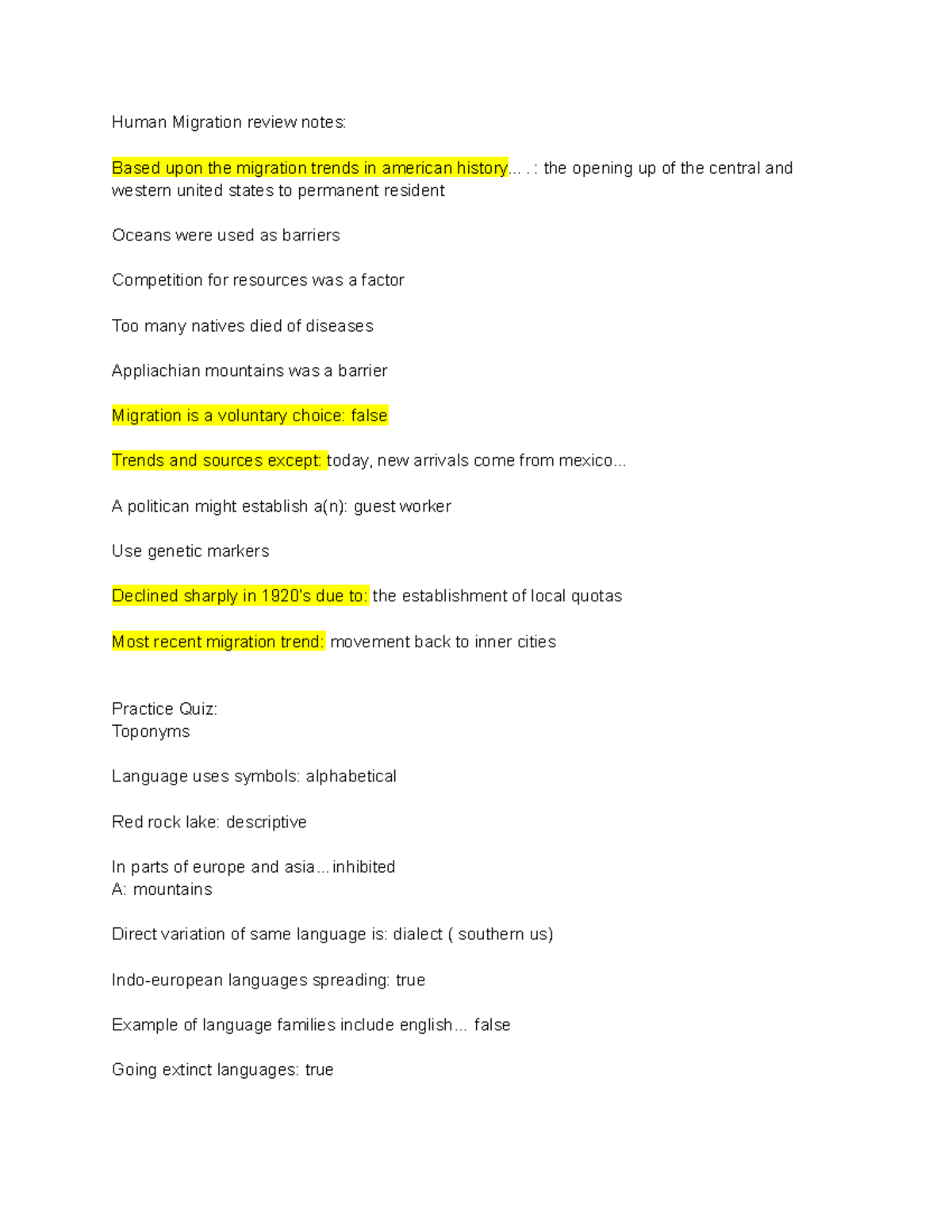 Geo October November Test notes - Human Migration review notes: Based ...