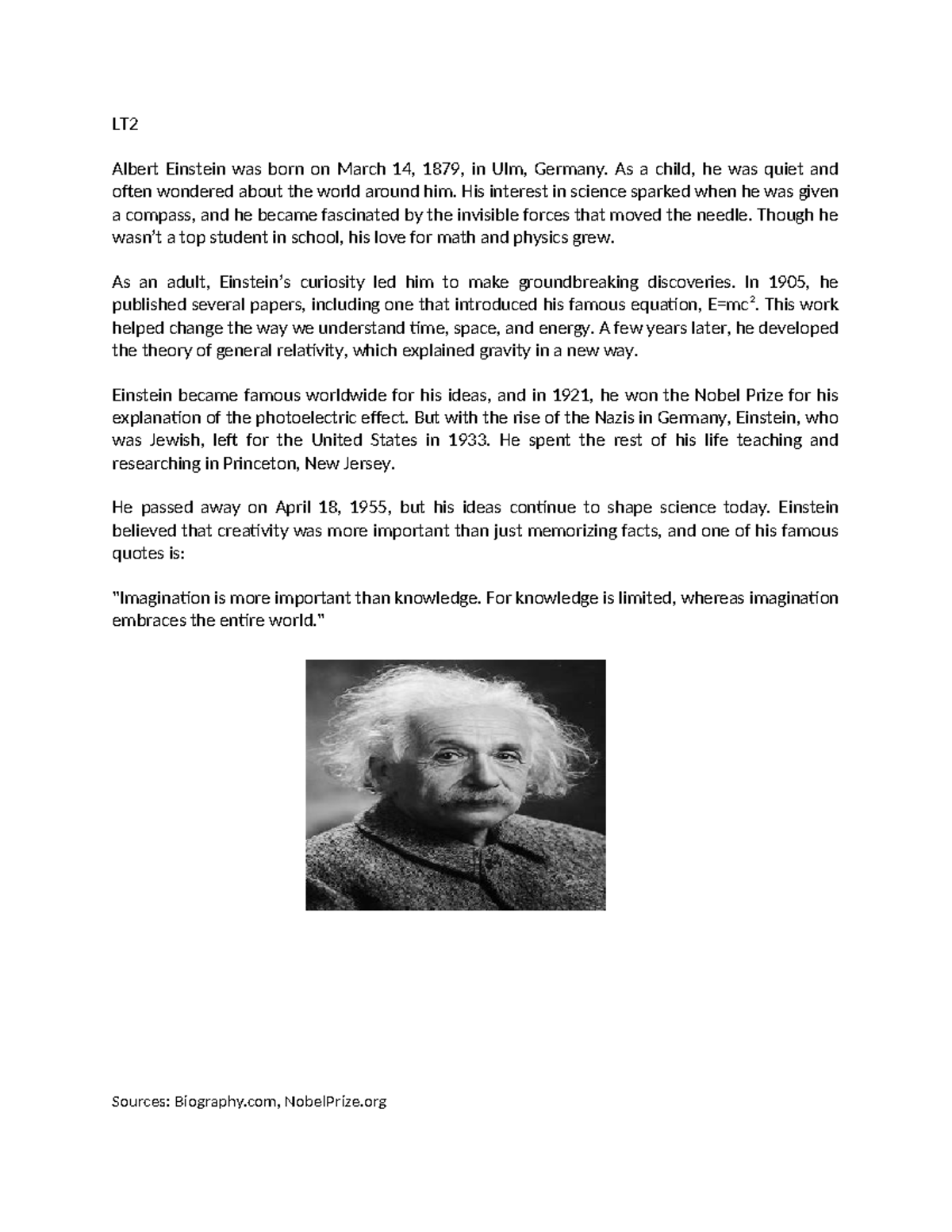 LT2 - this concept include the bibliography of Albert Einstein - LT Albert Einstein was born on ...