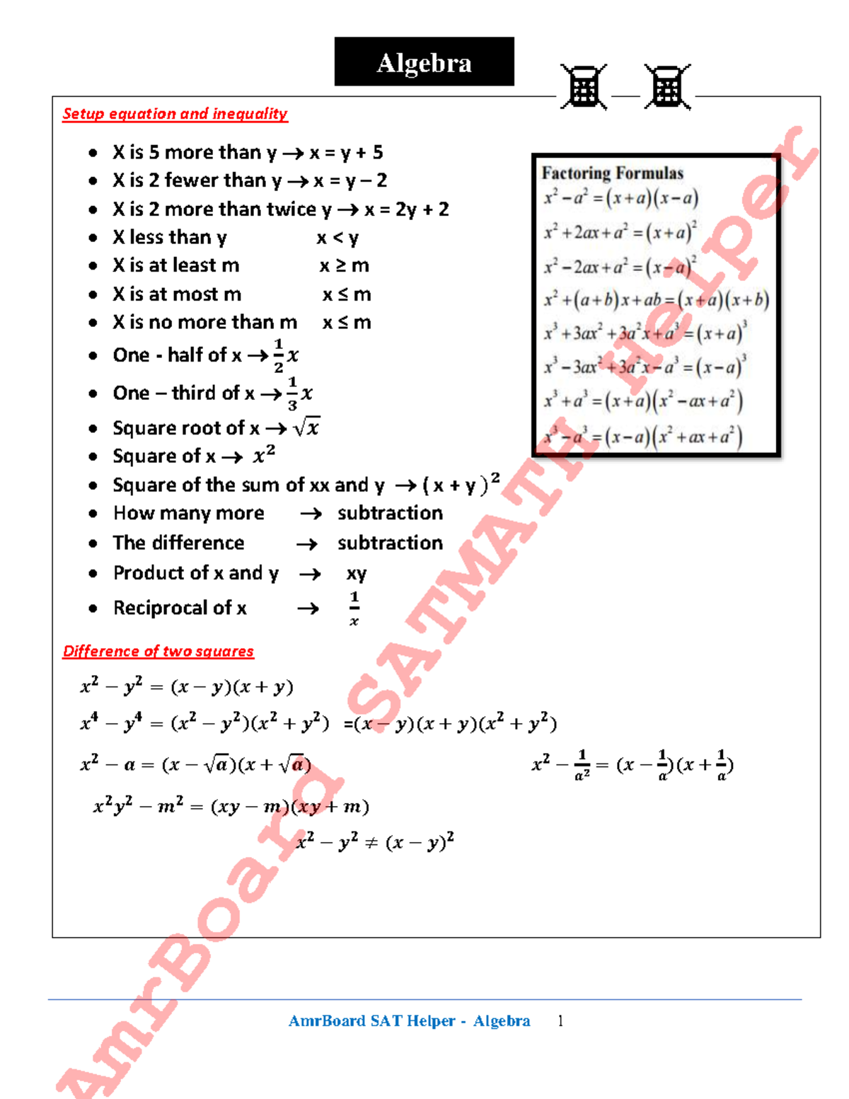 1576423697825 1- Algebra - AmrBoard SAT Helper - Algebra 1 Algebra ...