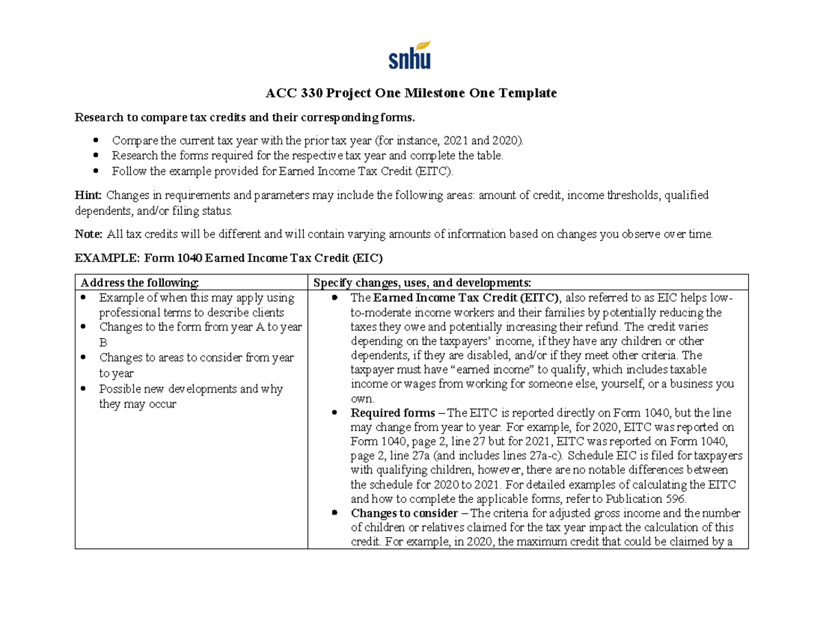ACC 330 Project One Milestone One - Compare the current tax year with the prior tax year (for ...