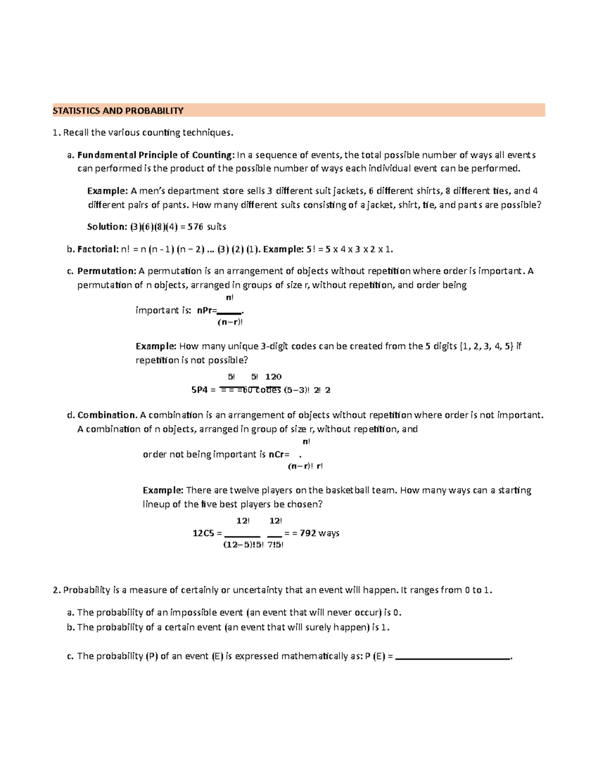 Statistics and Probability - STATISTICS AND PROBABILITY Recall the ...