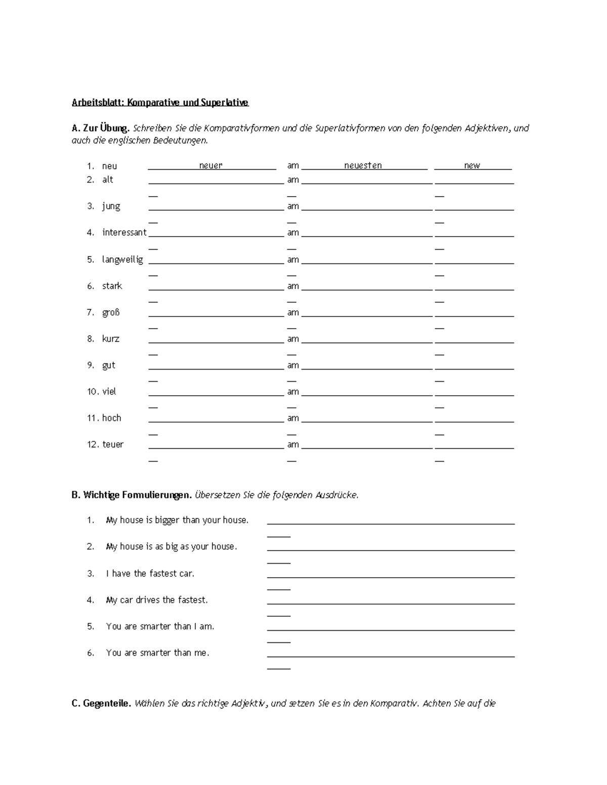 Comparativ and Superlativ - Arbeitsblatt: Komparative und Superlative A ...