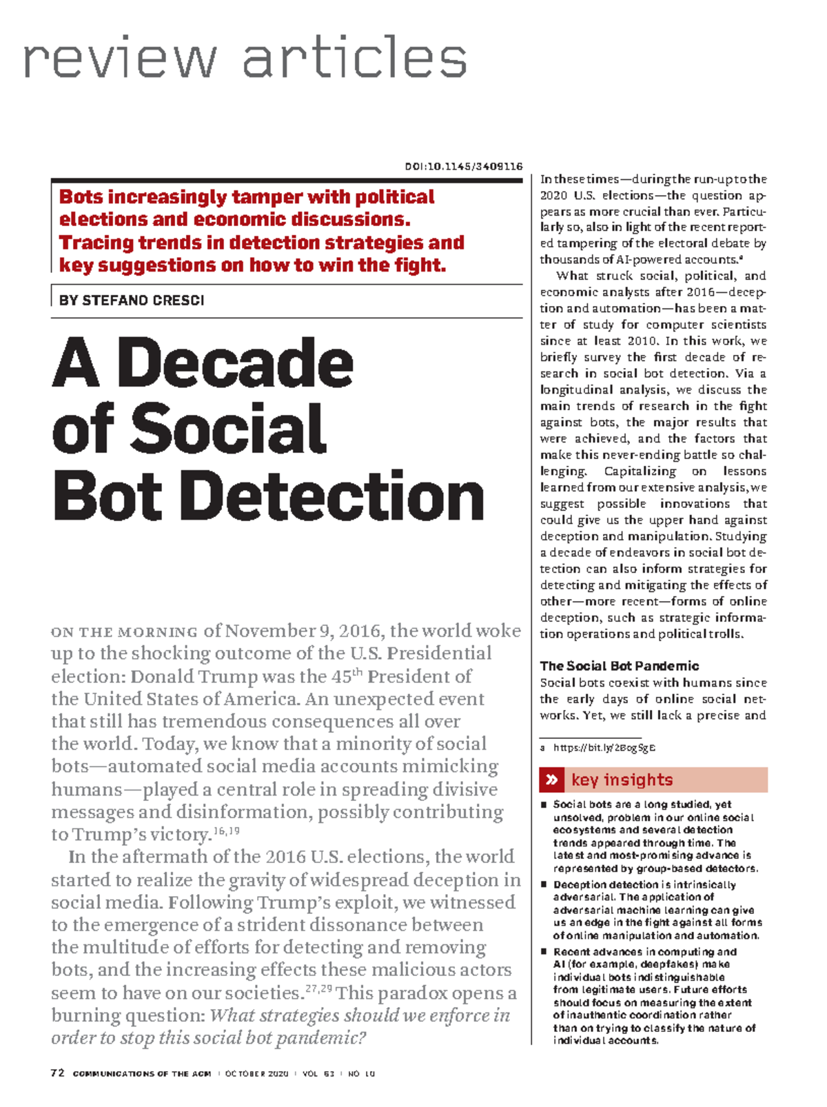 A Decade of Social Bot Detection - 72 CO MMUNICATIONS OF TH E AC M | OC TO BE R 2 0 2 0 | VO L ...