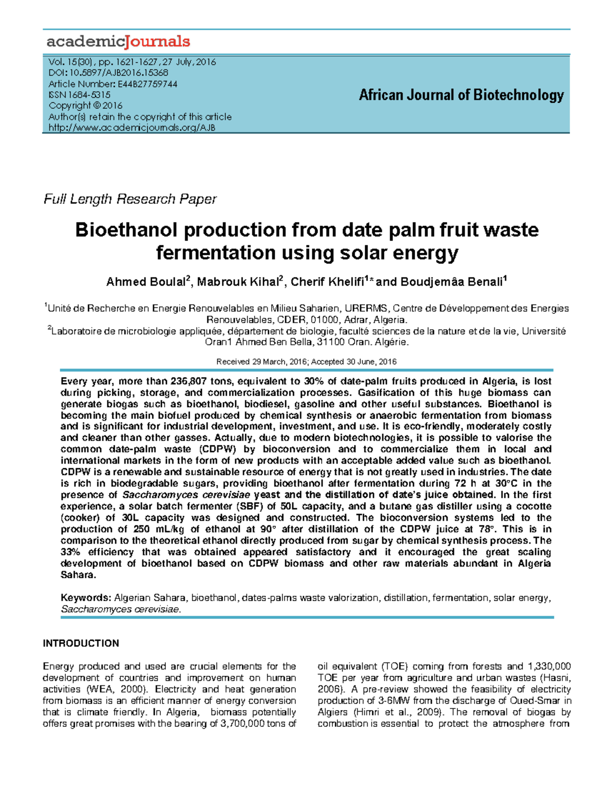 Bioethanol production from date palm - Vol. 15(30), pp. 1621- 1627 , 27 ...