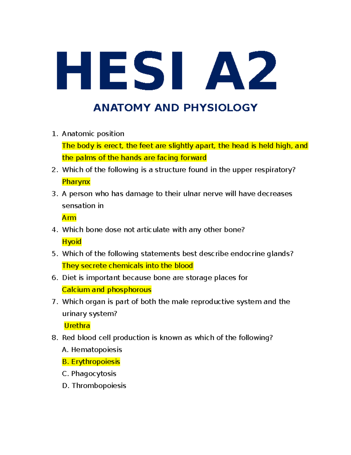 HESI A2 Anatomy AND Physiology HESI A ANATOMY AND PHYSIOLOGY Anatomic