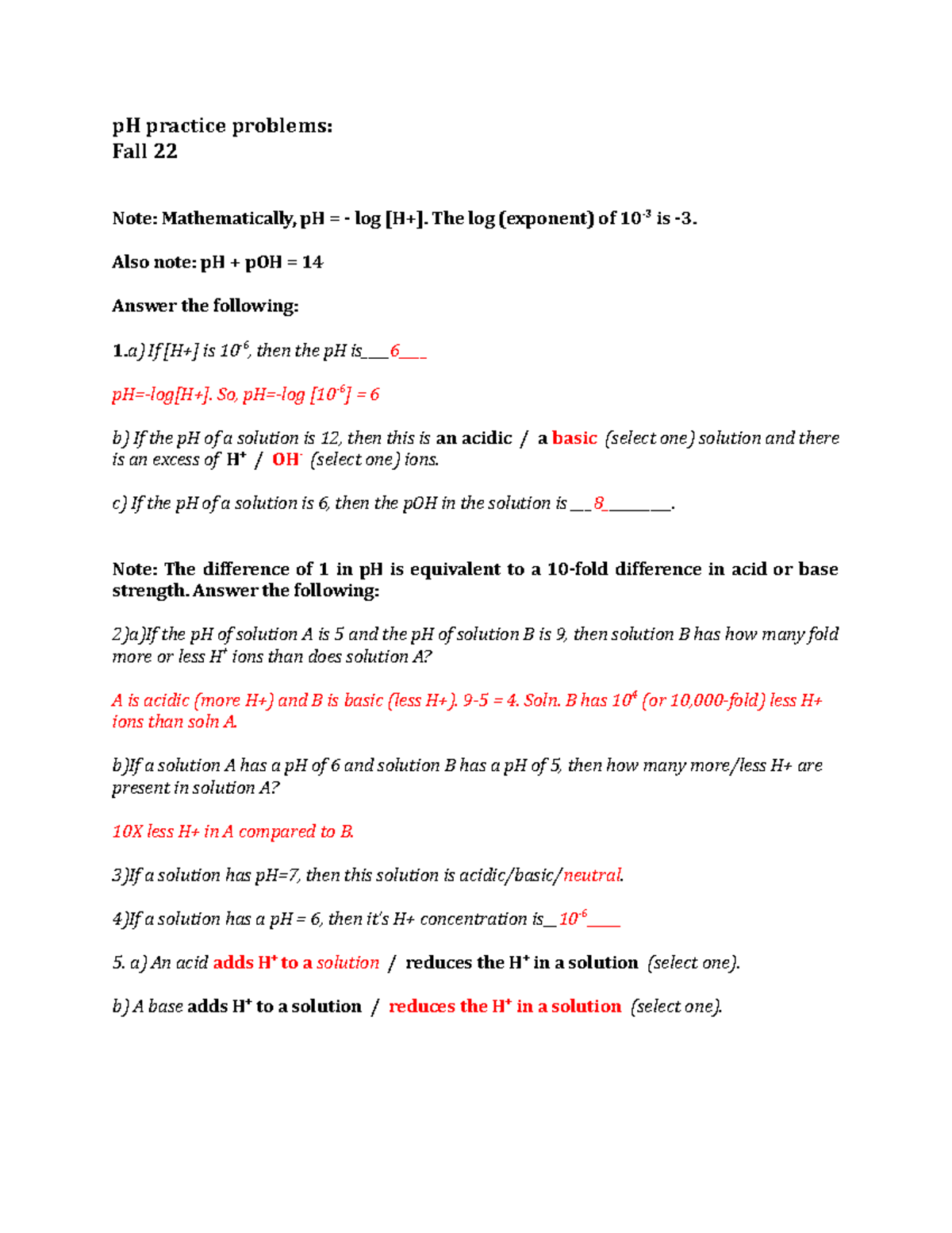 P H practice problems key Fall22 - pH practice problems: Fall 22 Note ...