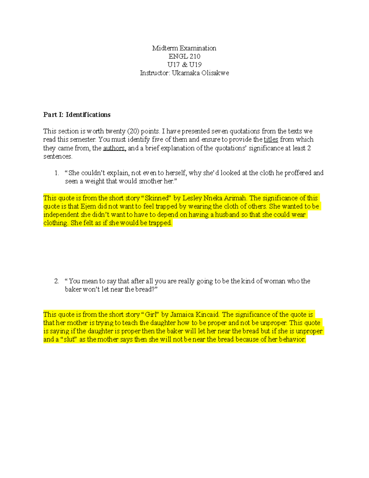 Midterm exam - Midterm Examination ENGL 210 U17 & U Instructor: Ukamaka ...