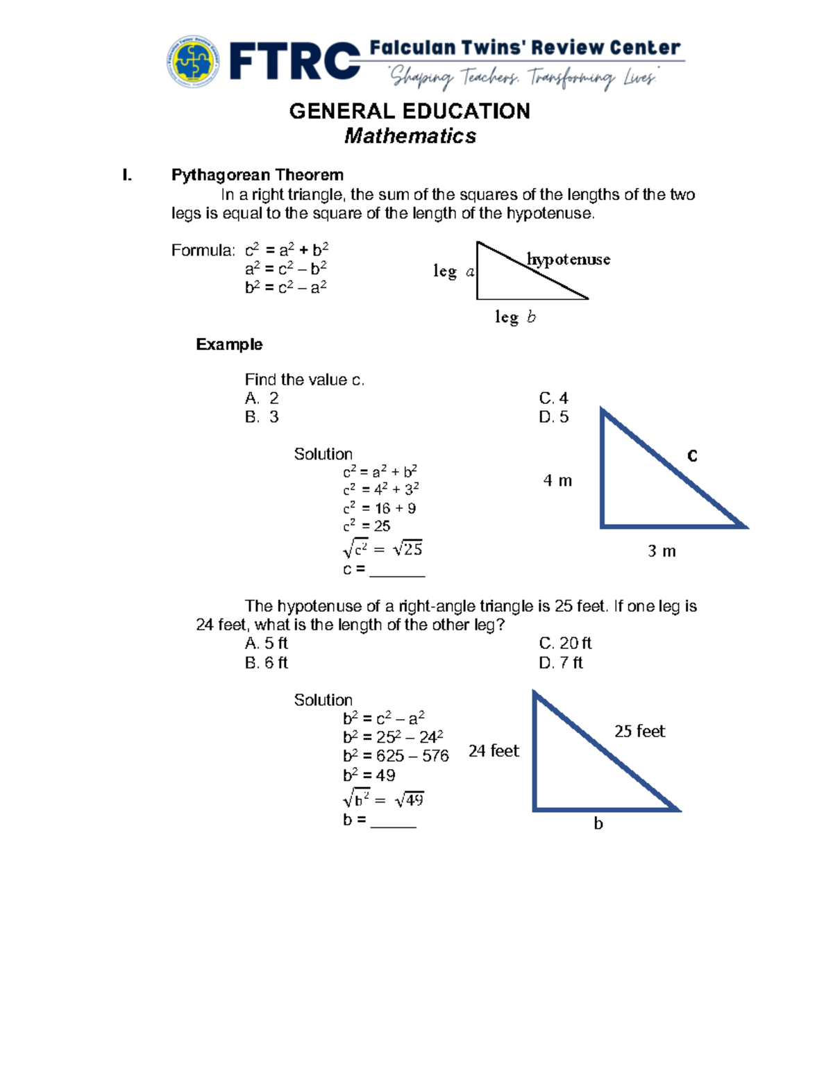 Buk SU Handout (GE Math) - GENERAL EDUCATION Mathematics I. Pythagorean ...