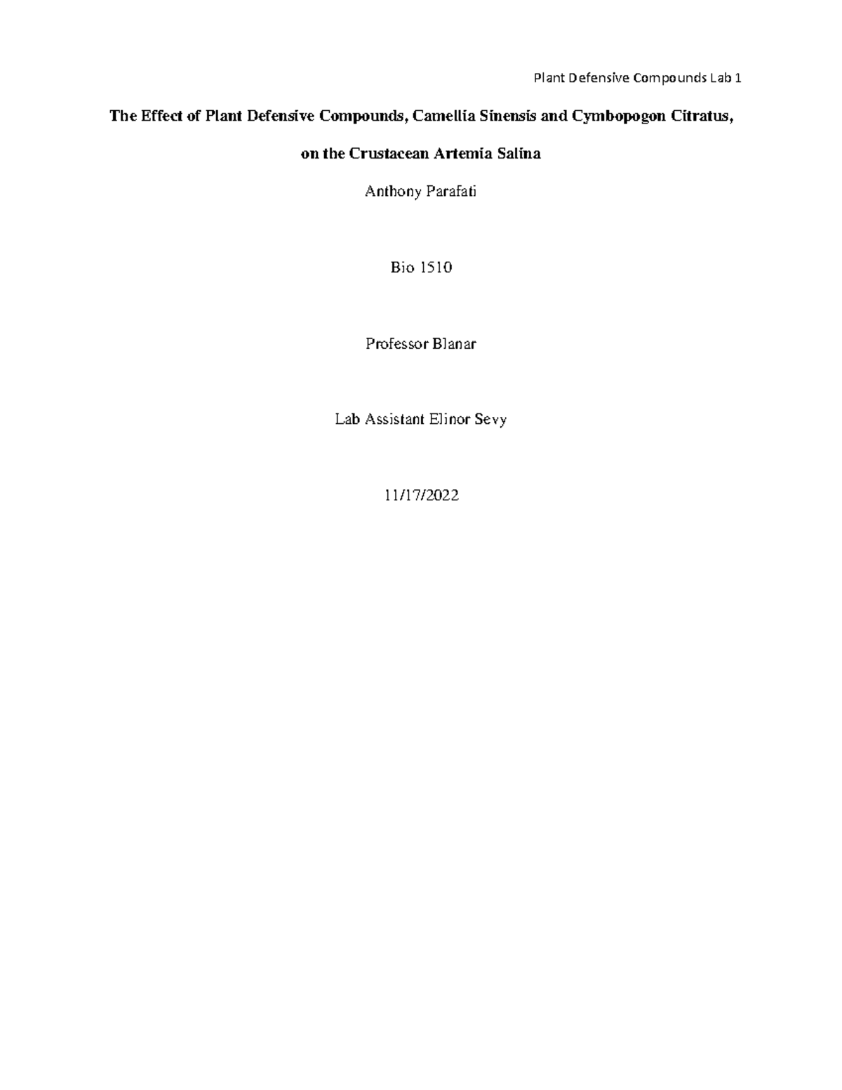 Plants Defensive Compounds Lab - The Effect of Plant Defensive ...
