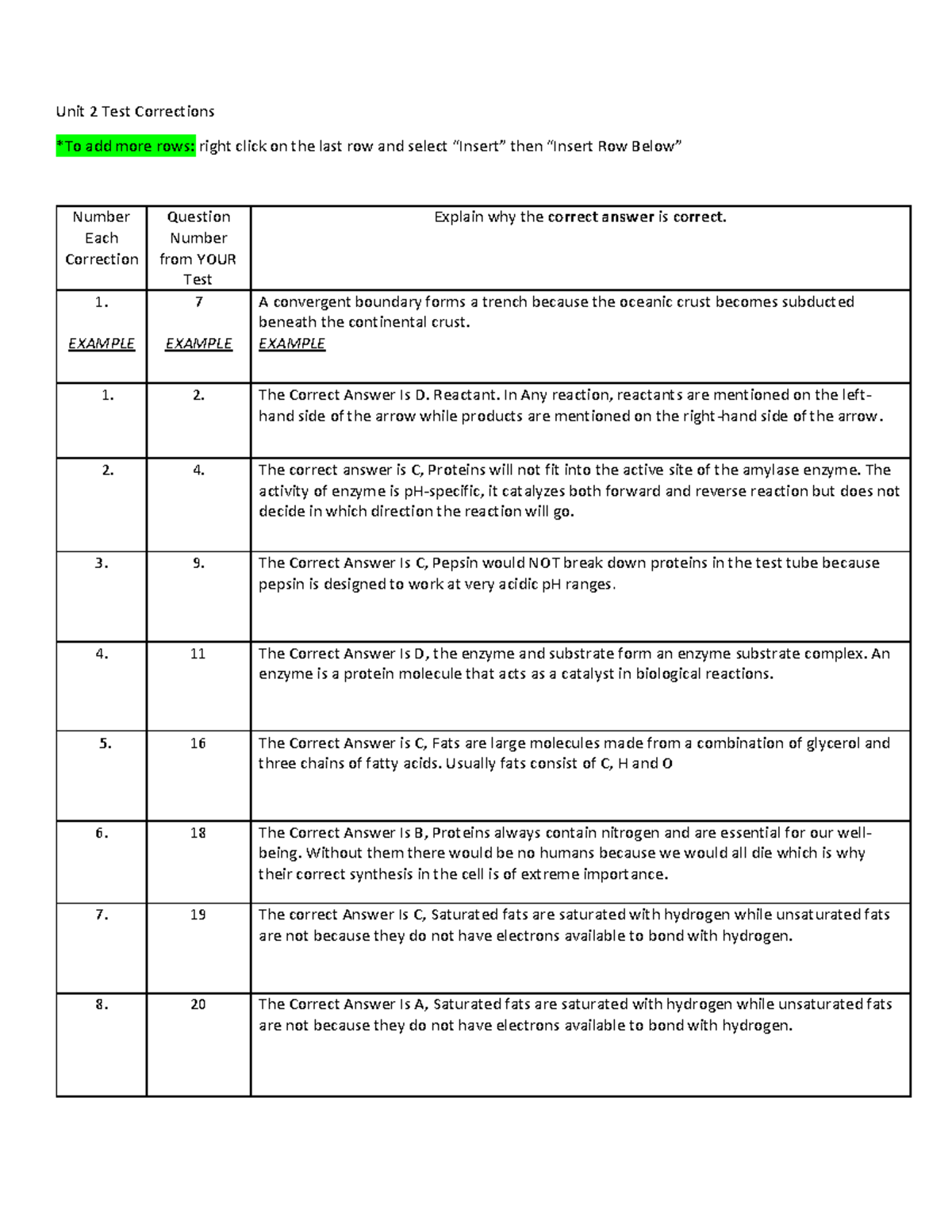 Unit 2 Test Corrections-2-1 - Unit 2 Test Corrections *To add more rows ...