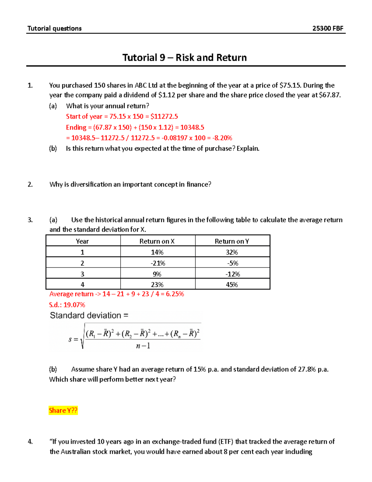 ICQ9 - In class question 9 - Tutorial questions 25300 FBF Tutorial 9 – Risk and Return You ...