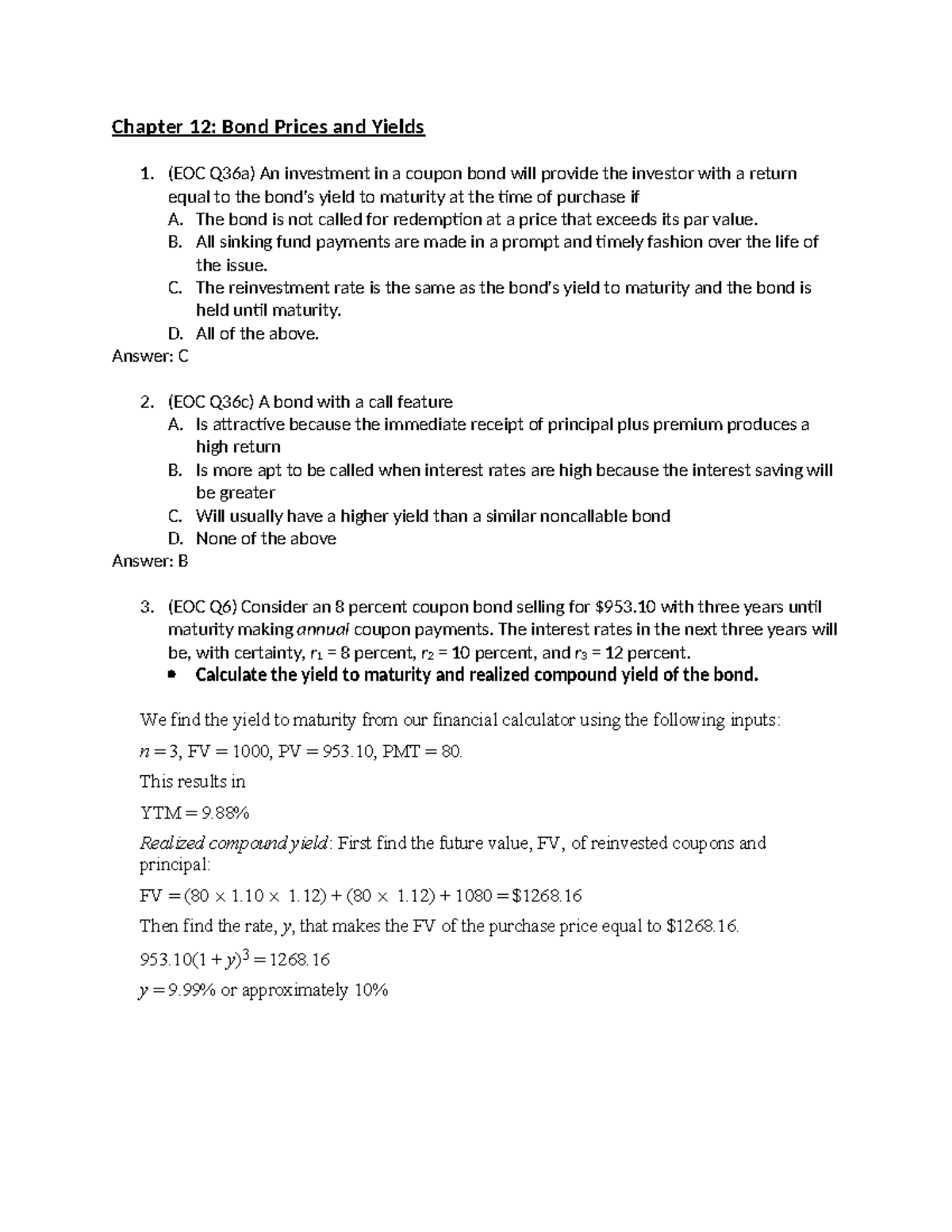 Practise Final Exam Answer KEY FNCE 443 - Chapter 12: Bond Prices and ...