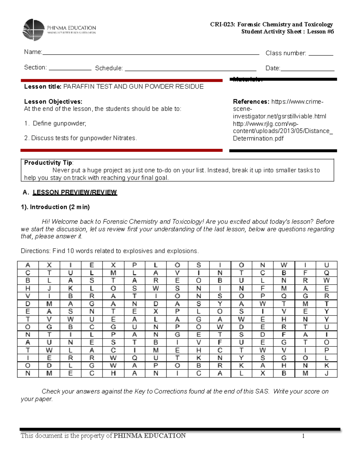 SAS #6 CRI 023 - sds - CRI-023: Forensic Chemistry and Toxicology Student Activity Sheet ...