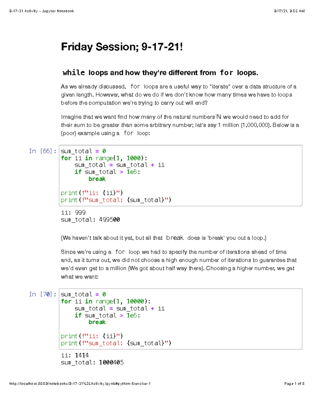 9-17-21 Activity - Jupyter Notebook - Friday Session; 9-17-21! while ...
