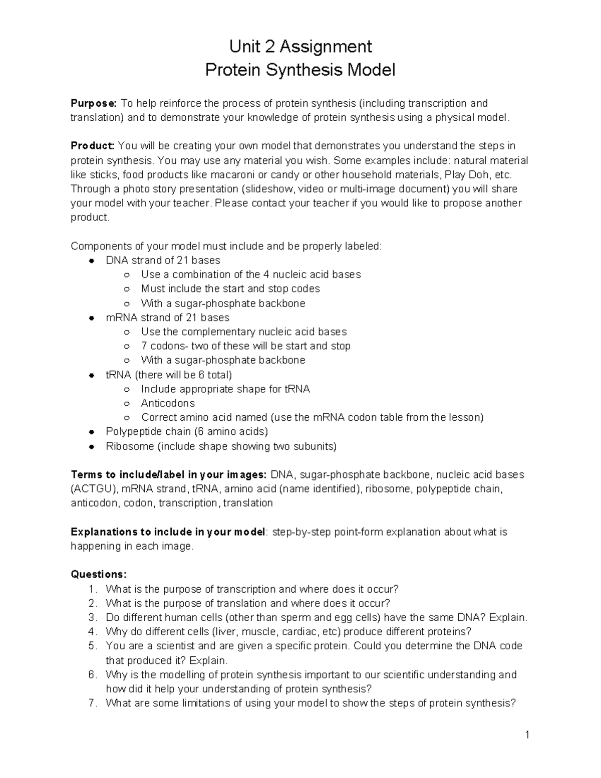 Unit 2 Assignment Protein Synthesis Model - 1 Unit 2 Assignment Protein ...