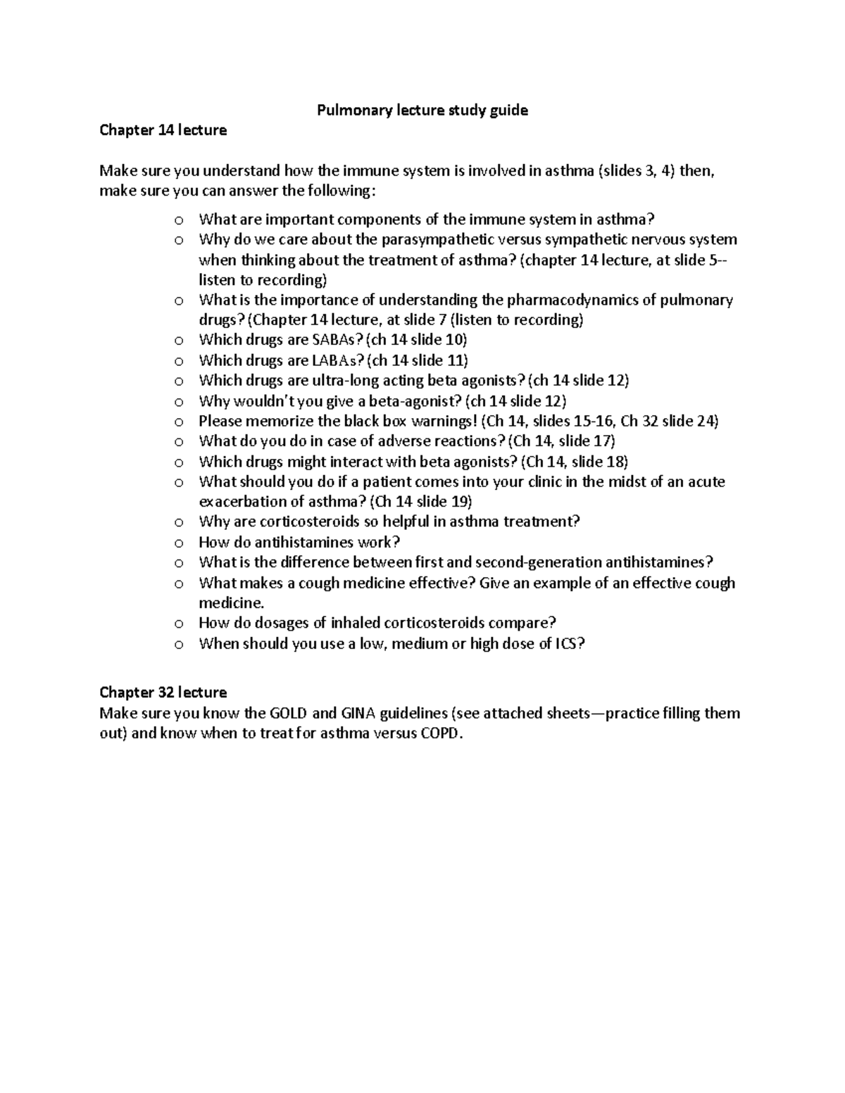 Pulmonary lecture study guide 2 1 - Pulmonary lecture study guide Chapter 14 lecture Make sure ...