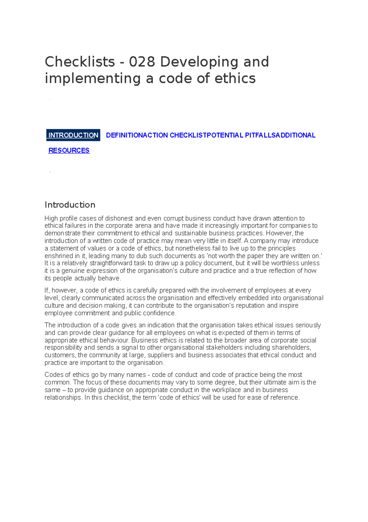 701 Key Resource - 028 Developing and implementing a code of ethics ...